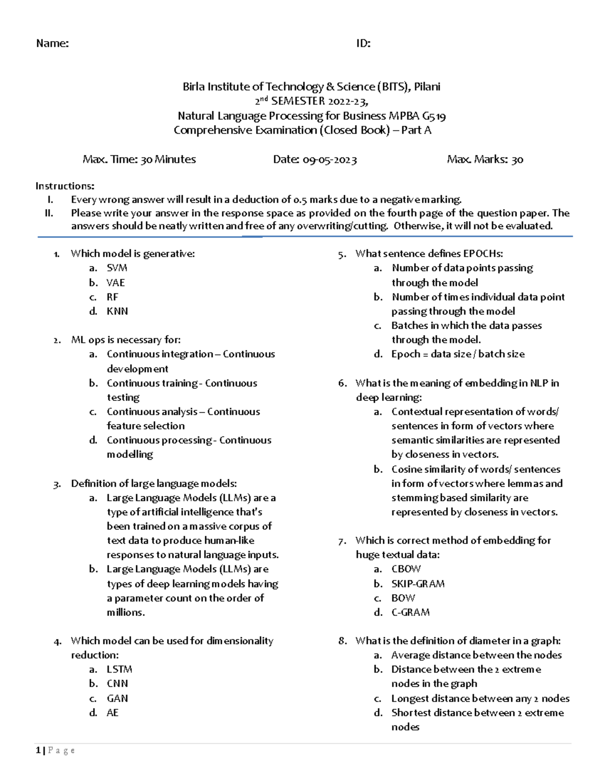 1155 MPBA G519 20230515122156 Comprehensive Exam Question Paper - Name: ID: Birla Institute of ...