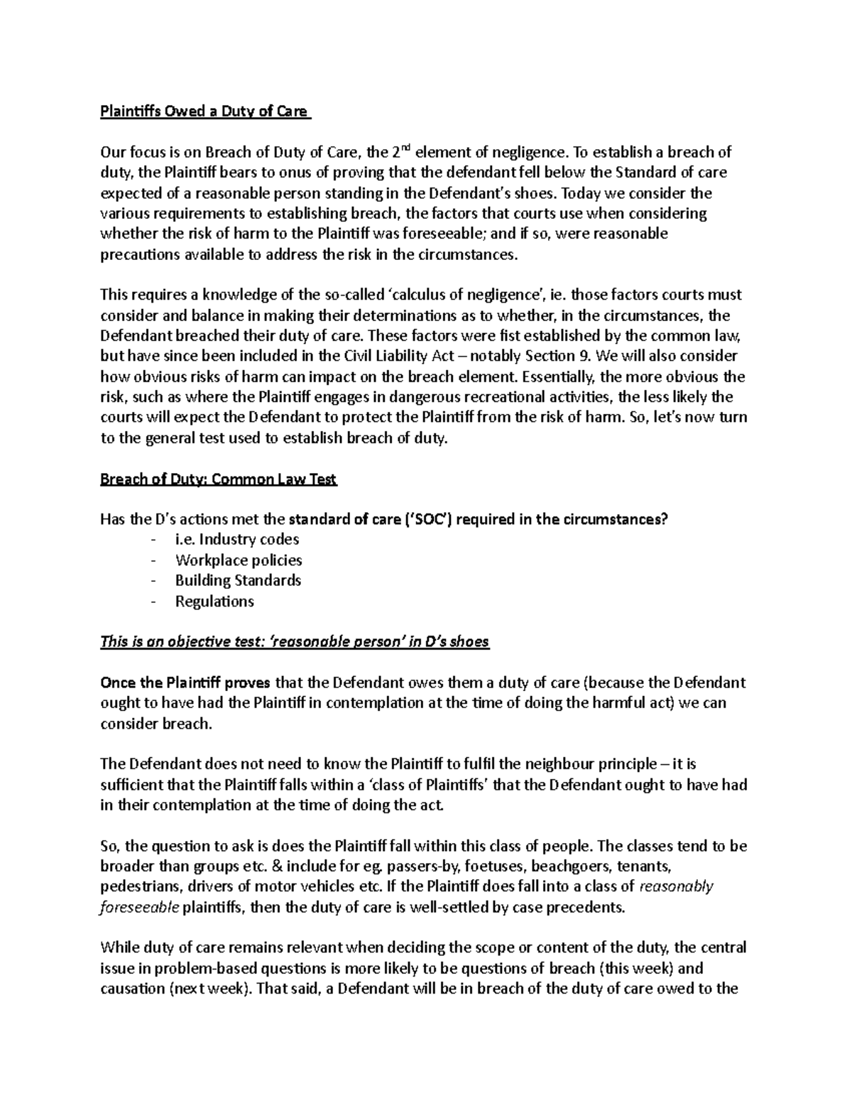 Week 3 - Lecture Notes with Katrina Pedersen - Plaintiffs Owed a Duty ...