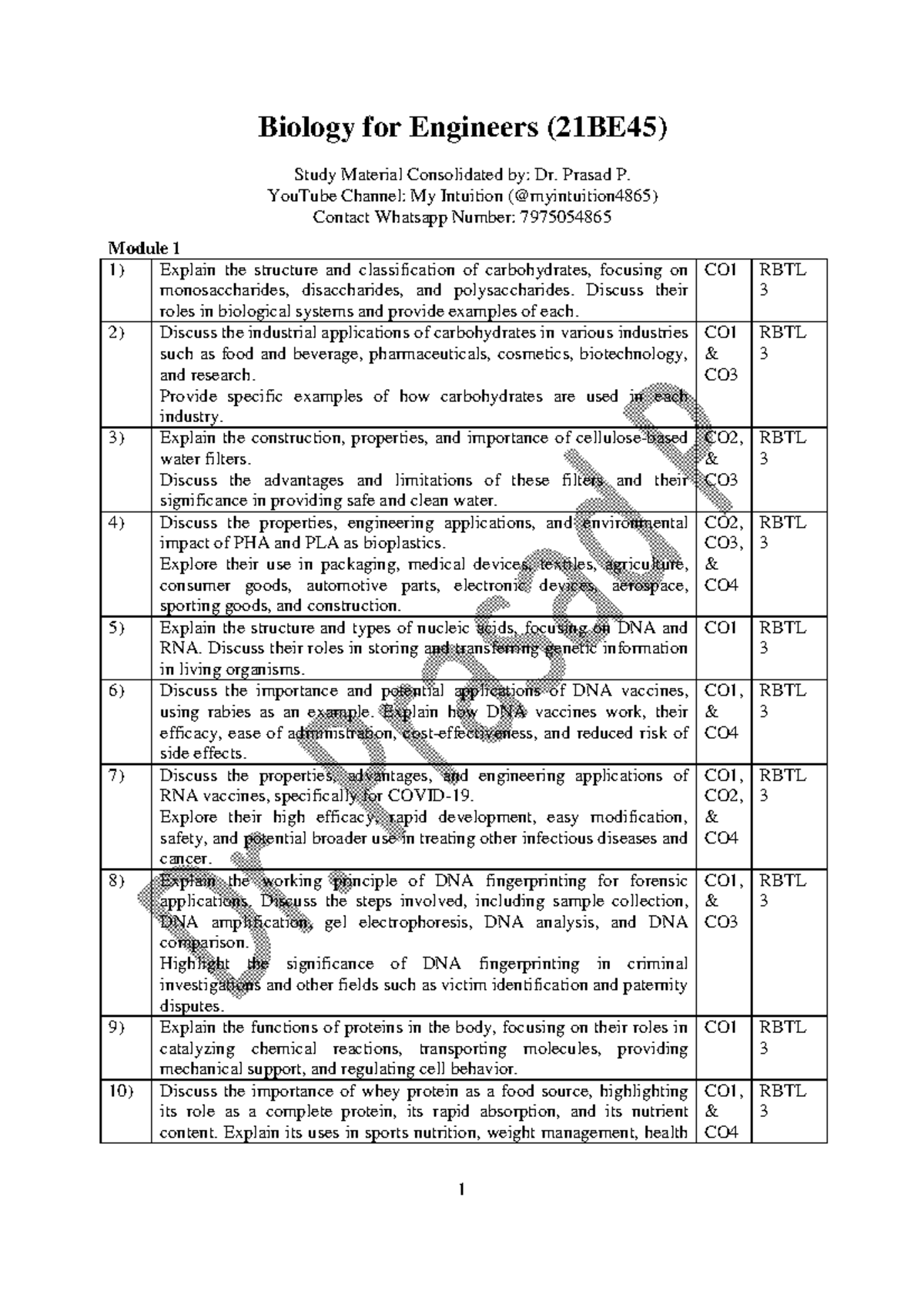 21BE45 Biology for Engineers Question Bank - Study Material ...