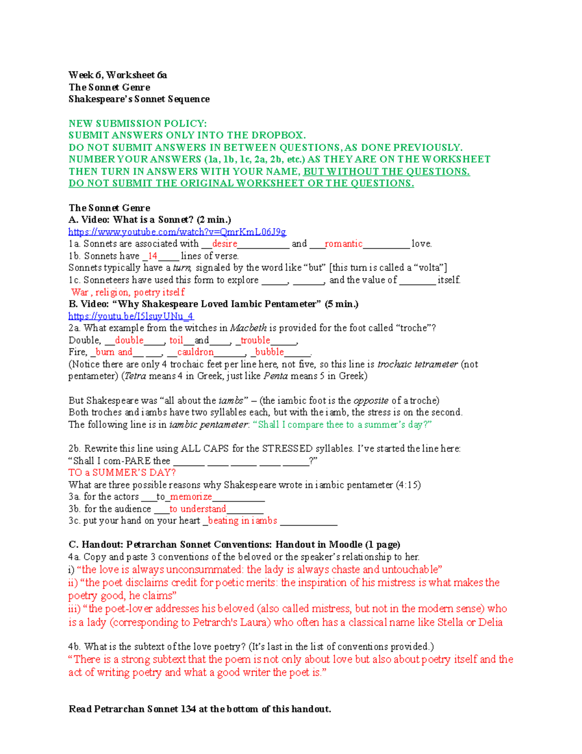 Wksht 6a 201 FA21 - Worksheet notes - Week 6, Worksheet 6a The Sonnet ...