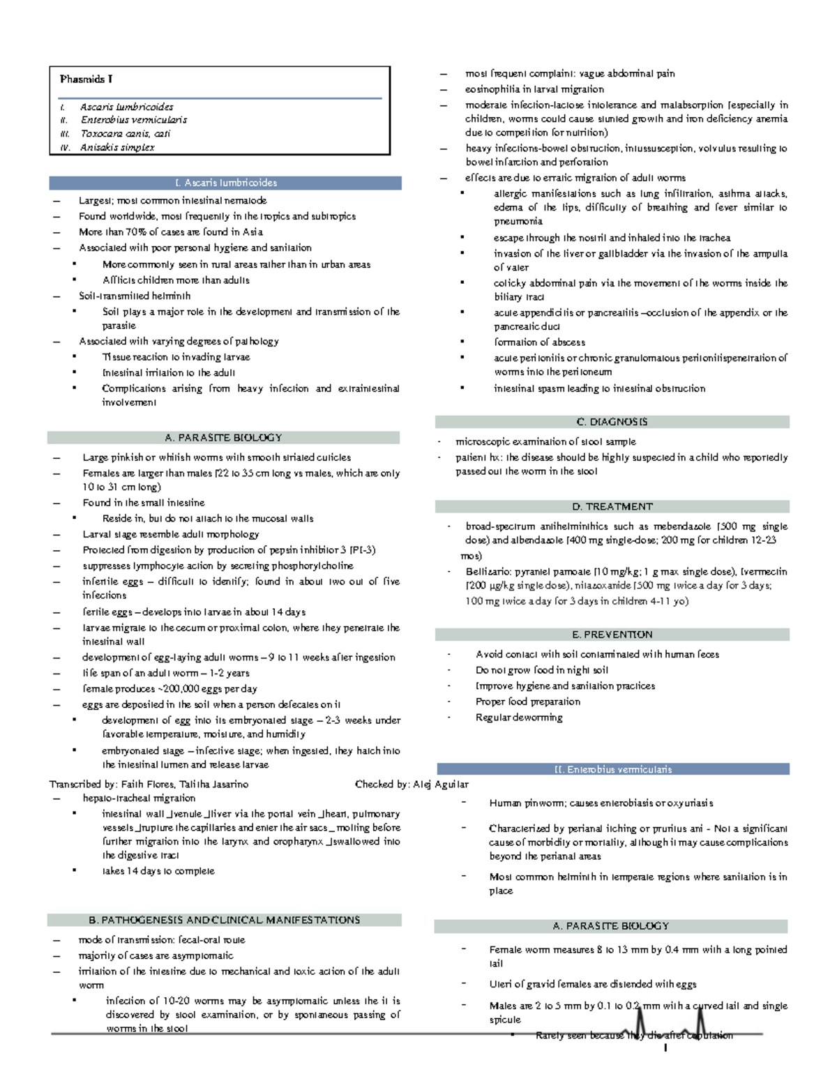 Parasitology Phasmids - 1 Phasmids I I. Ascaris lumbricoides II ...