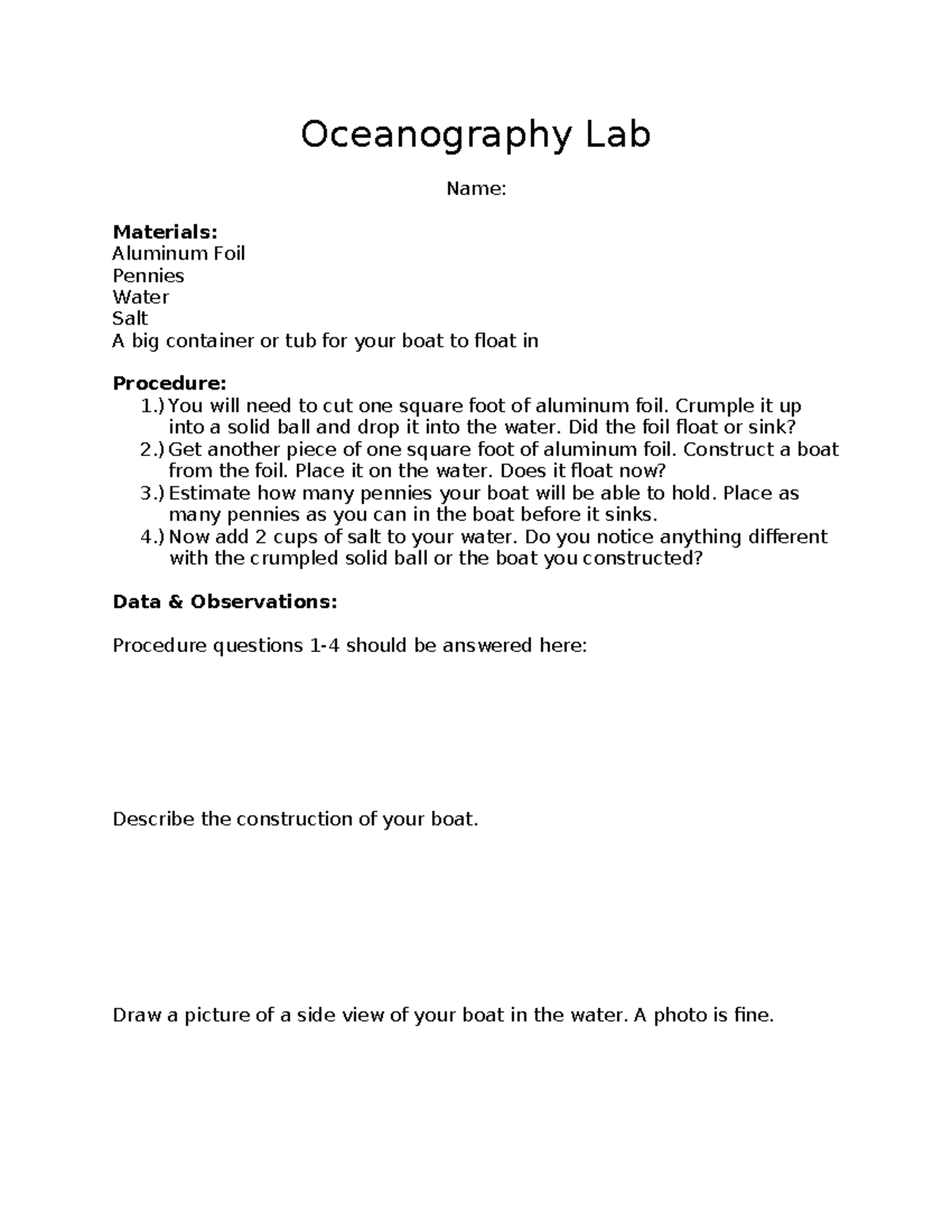 Oceanography Lab - Lab - Oceanography Lab Name: Materials: Aluminum ...