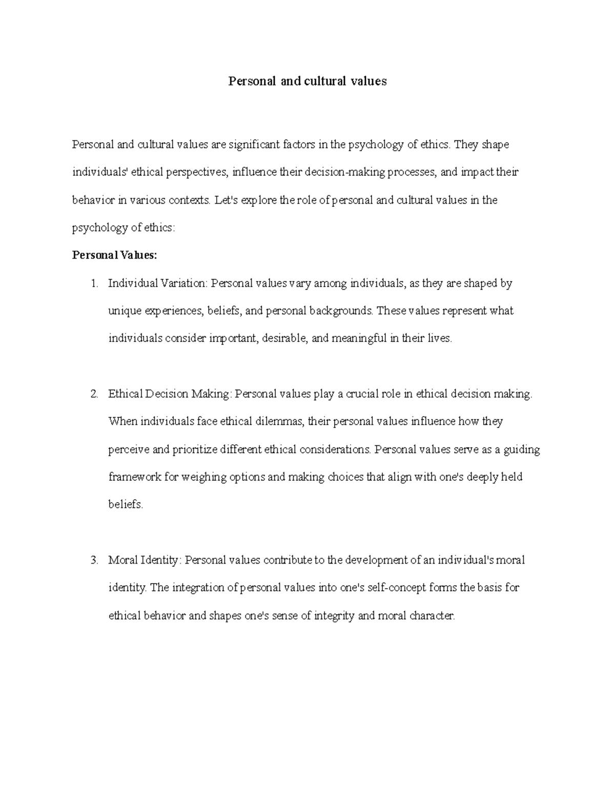 Personal and cultural values - Personal and cultural values Personal ...