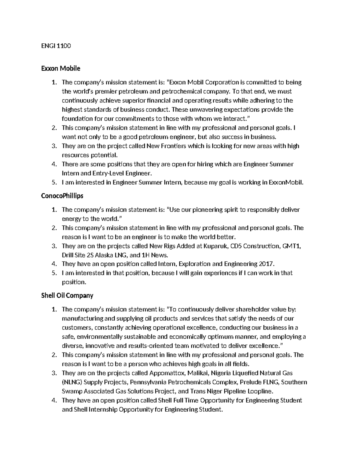 Company research - ENGI 1100 Exxon Mobile 1. The company’s mission ...
