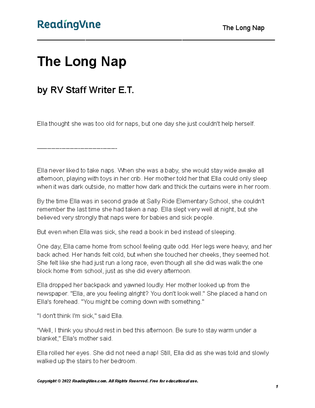 The long nap passage - Reading Materials - The Long Nap - Studocu