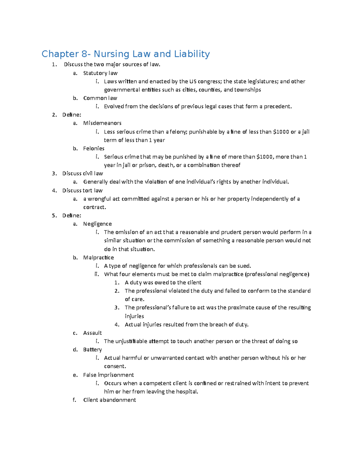 Chapter 8 Nursing law and liability - Chapter 8- Nursing Law and ...