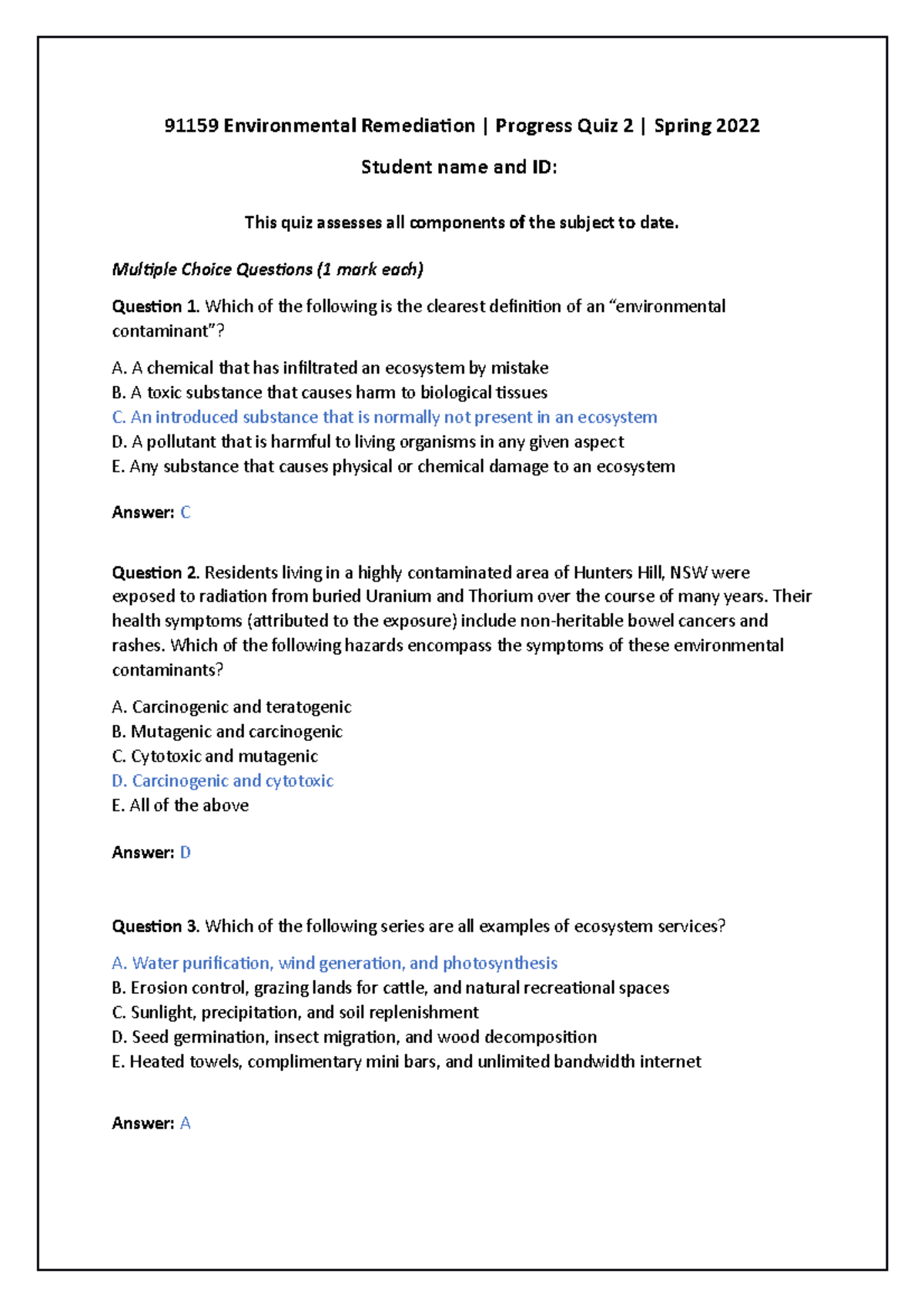 Progress Quiz 2 - Multiple Choice Questions (1 mark each) Question 1 ...