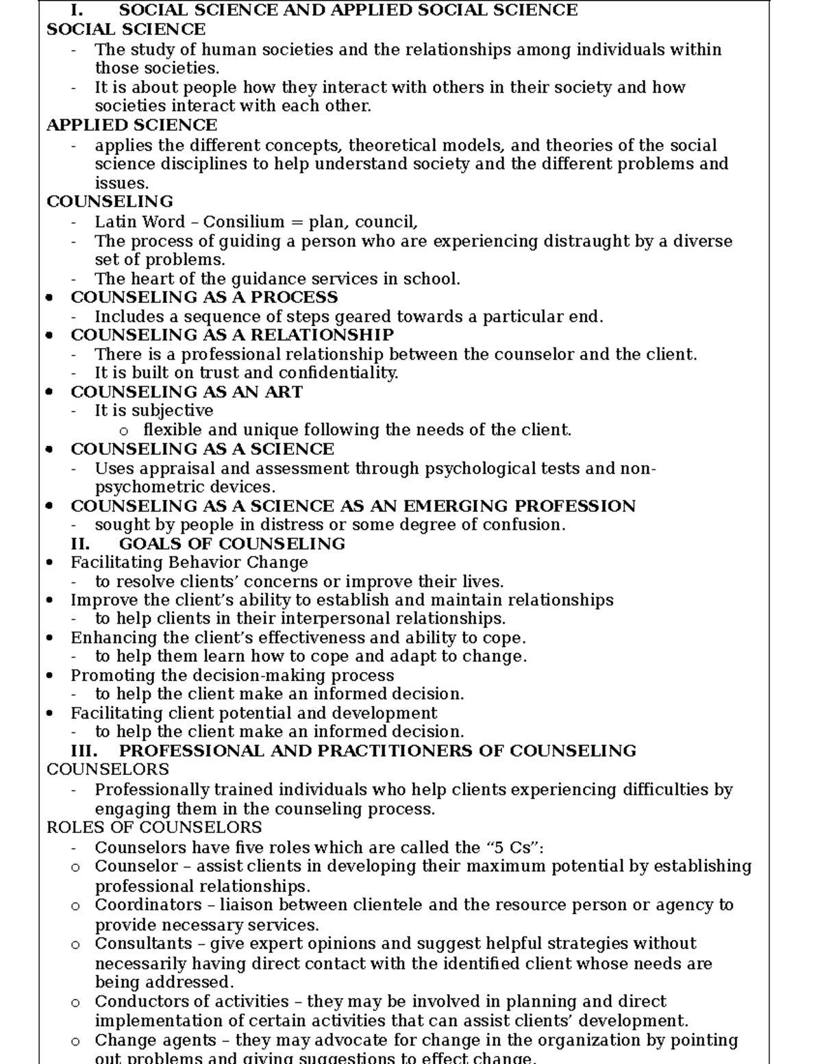 Counseling and Ideas - I. SOCIAL SCIENCE AND APPLIED SOCIAL SCIENCE ...