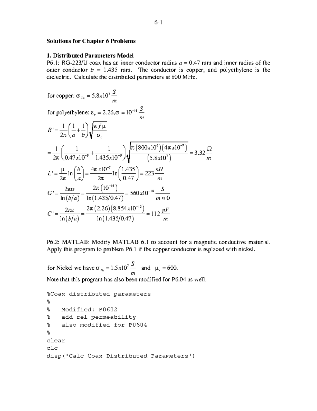 Ch06 - fhde - Solutions for Chapter 6 Problems 1. Distributed Parameters Model P6: RG-223/U coax ...