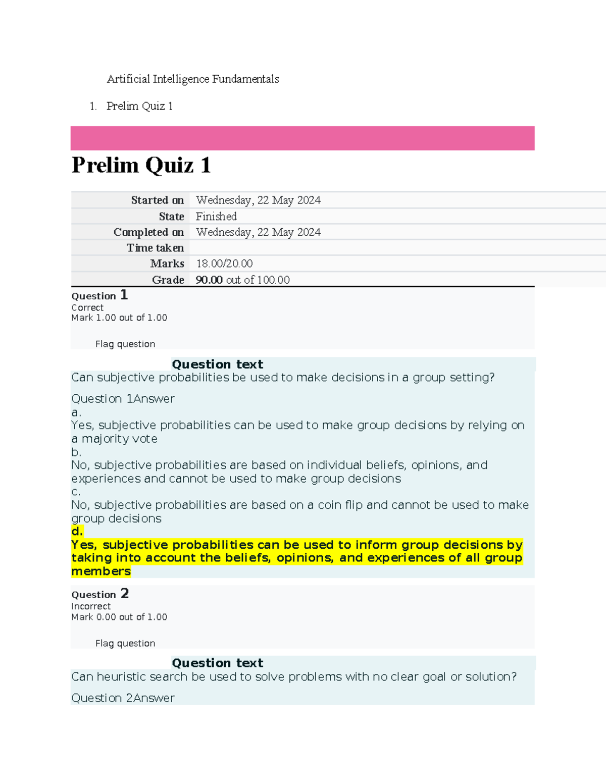 AIFundamentals - AIFunda.PrelimQuiz1 - Artificial Intelligence ...