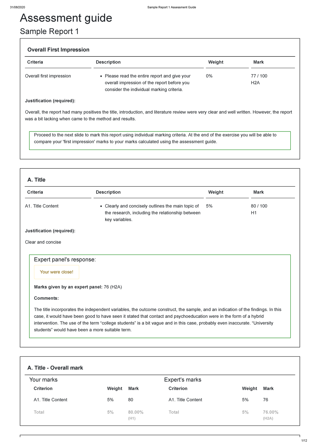 Sample Report 1 Assessment Guide - Sample Report 1 Assessment Guide ...