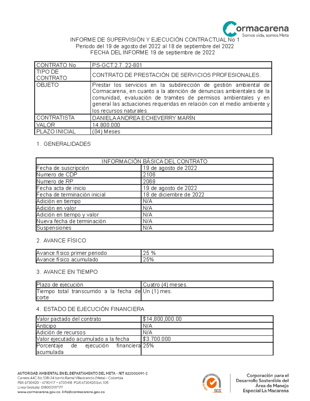 Informe DE Supervisión CTO 801 DEL 2022 Daniela Echeverry - INFORME DE ...
