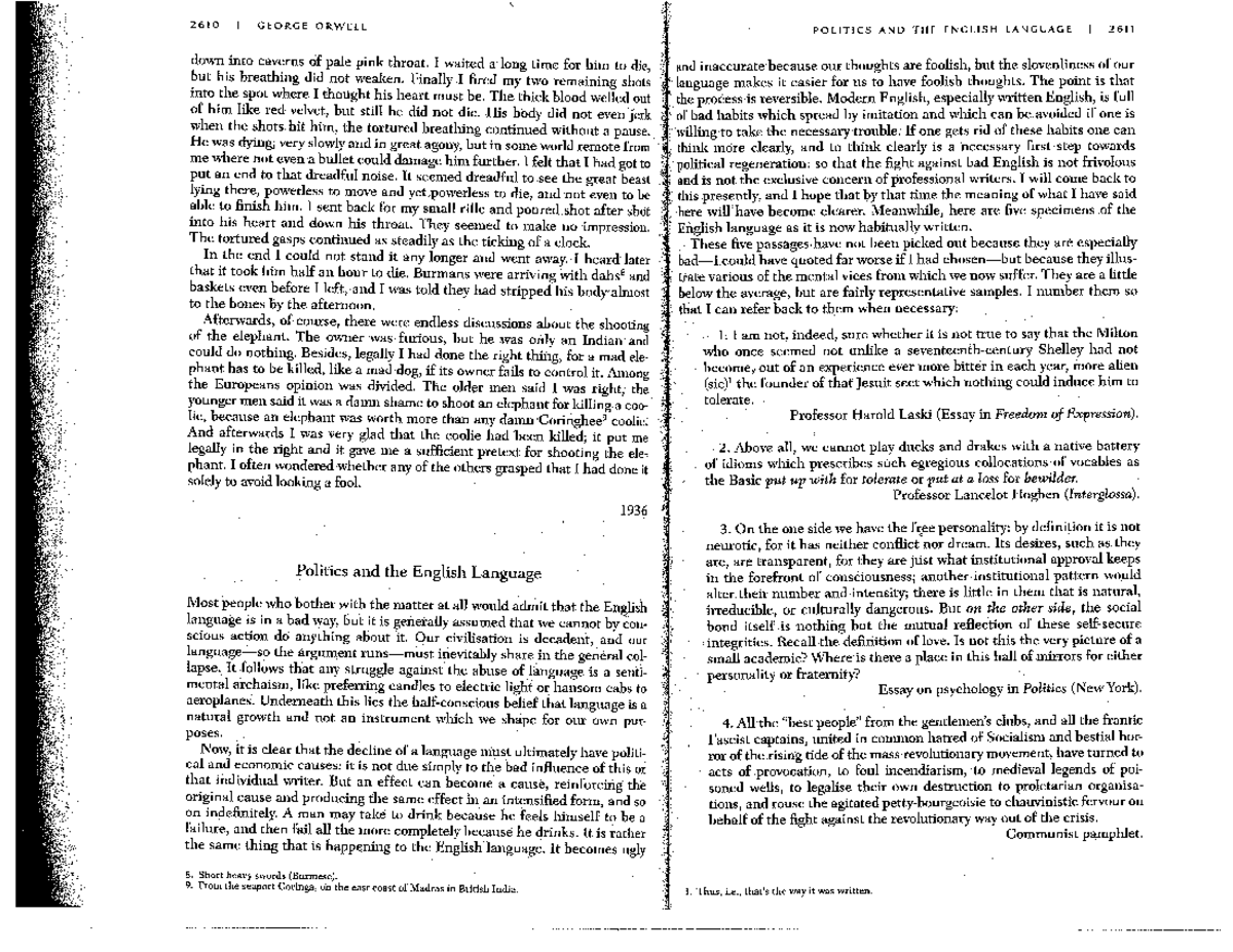 Orwell Politics and the English Language - Eng100H1 - Studocu