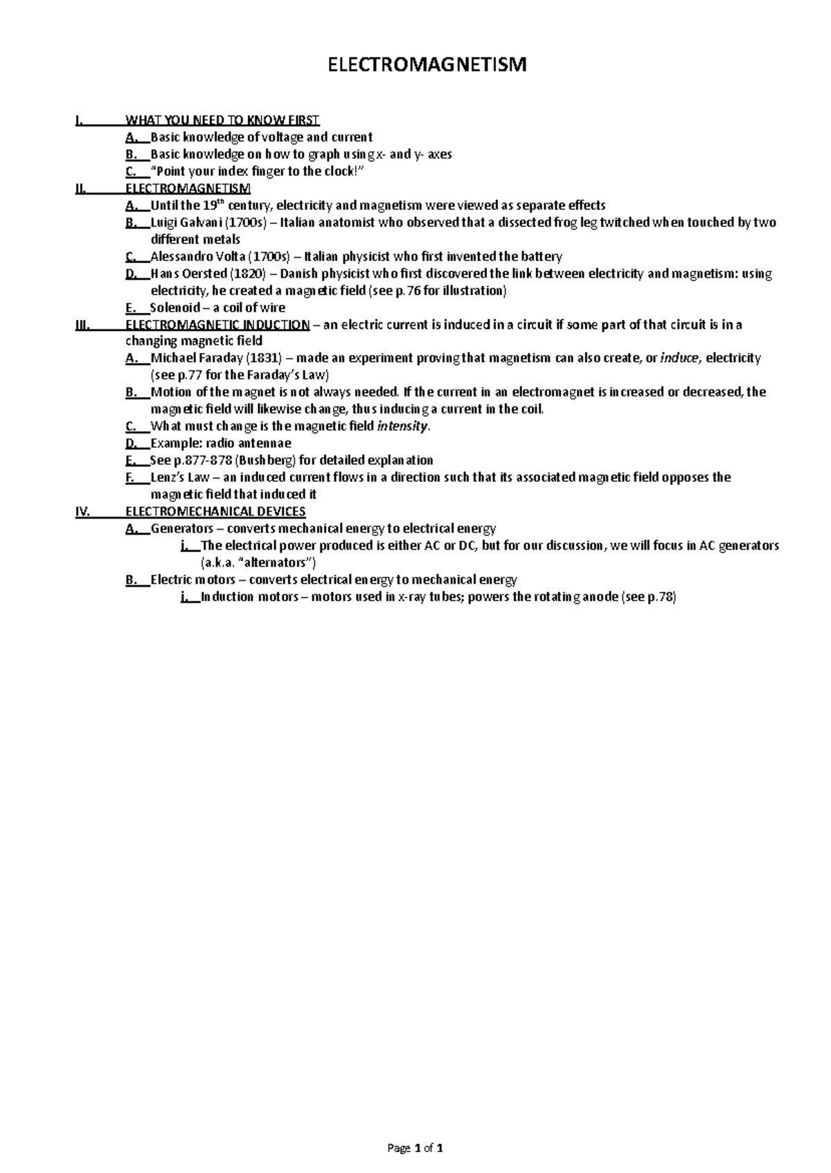 Electromagnetism - notes - ELECTROMAGNETISM I. WHAT YOU NEED TO KNOW ...