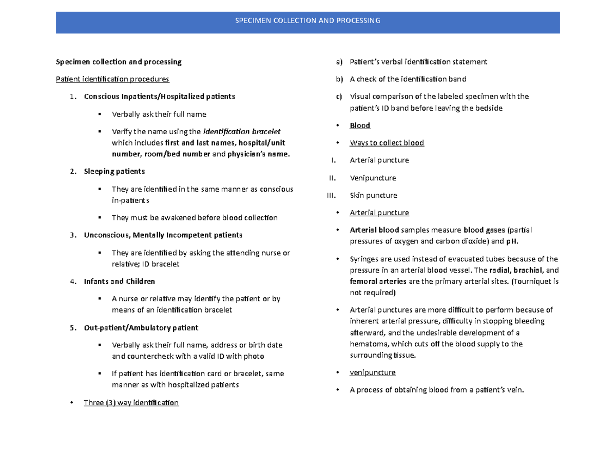 Specimen Collection AND Processing - SPECIMEN COLLECTION AND PROCESSING ...
