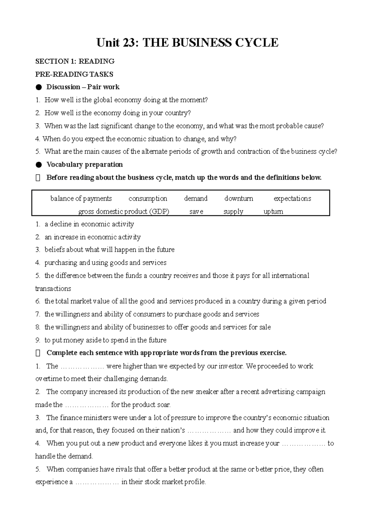 Bản sao của Copy of UNIT 23 The Business Cycle - Unit 23: THE BUSINESS ...
