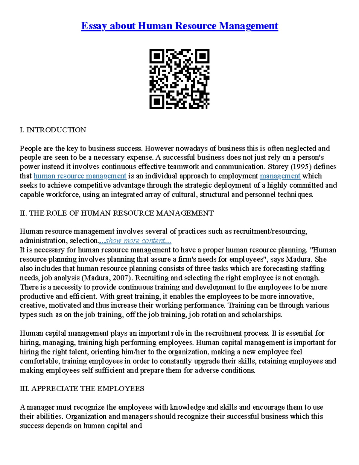 Sample Essay Paper - Essay about Human Resource Management I ...