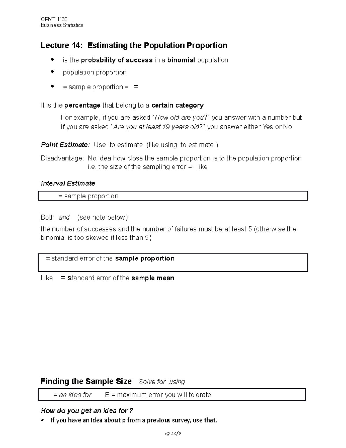 Lecture 14 - Business Statistics Lecture 14: Estimating the Population Proportion is the - Studocu