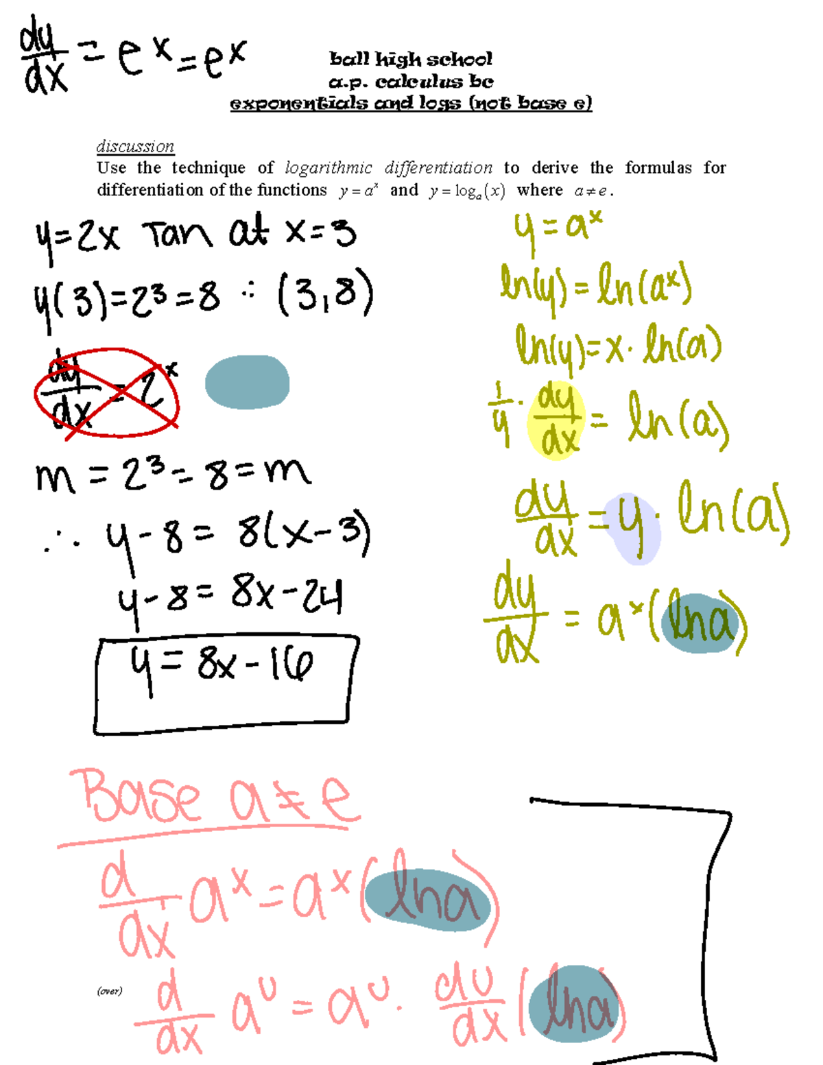 Exponents and lots (not base e) 1 - ball high school a. calculus bc ...