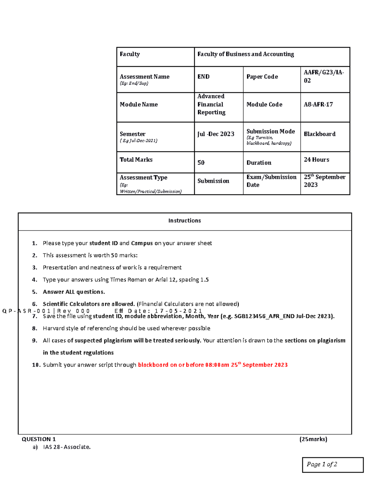 IA 2 AFR JD 2023 - Advanced financial reporting - Faculty Faculty of Business and Accounting ...