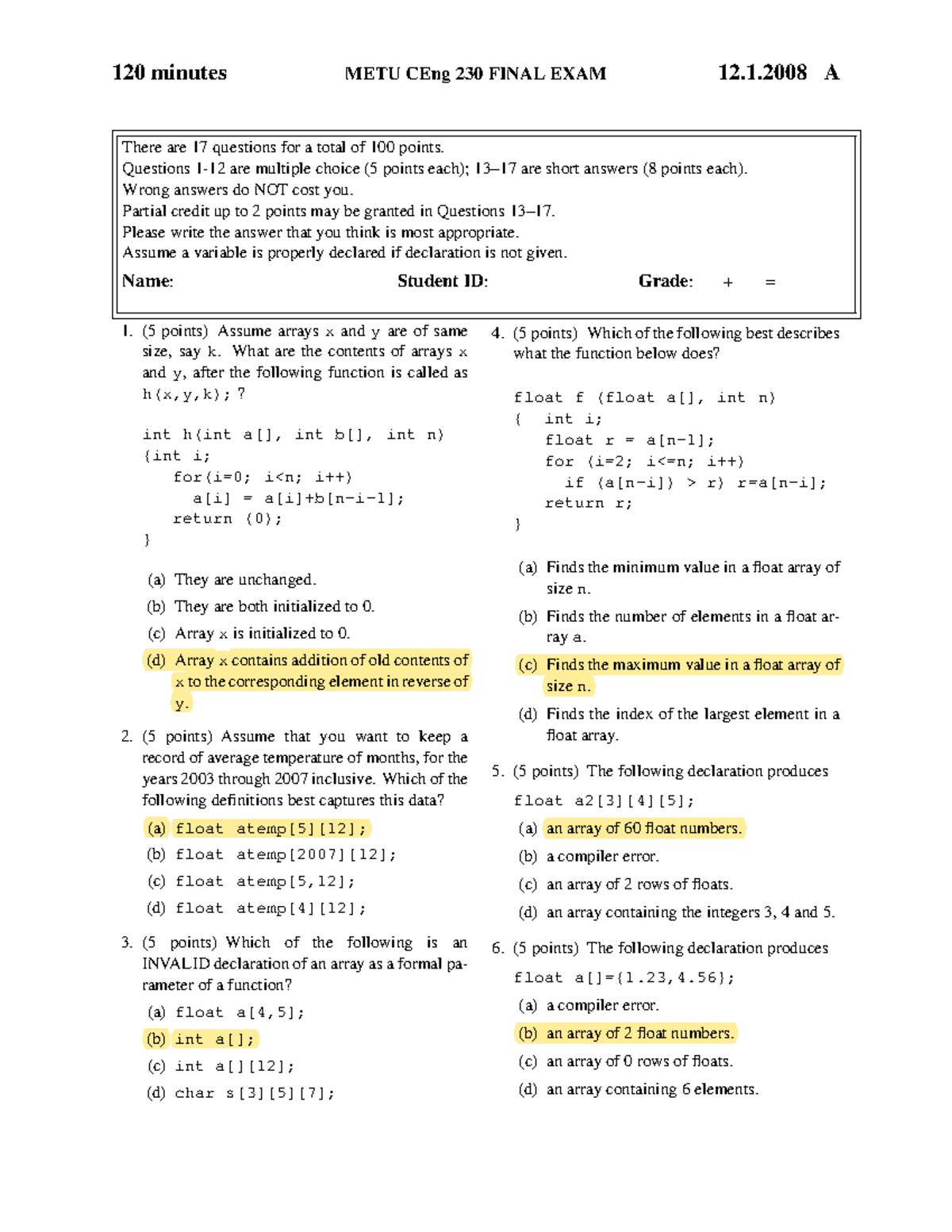 2007 2 final - 2007 - 120 minutes METU CEng 230 FINAL EXAM 12.1 A There ...