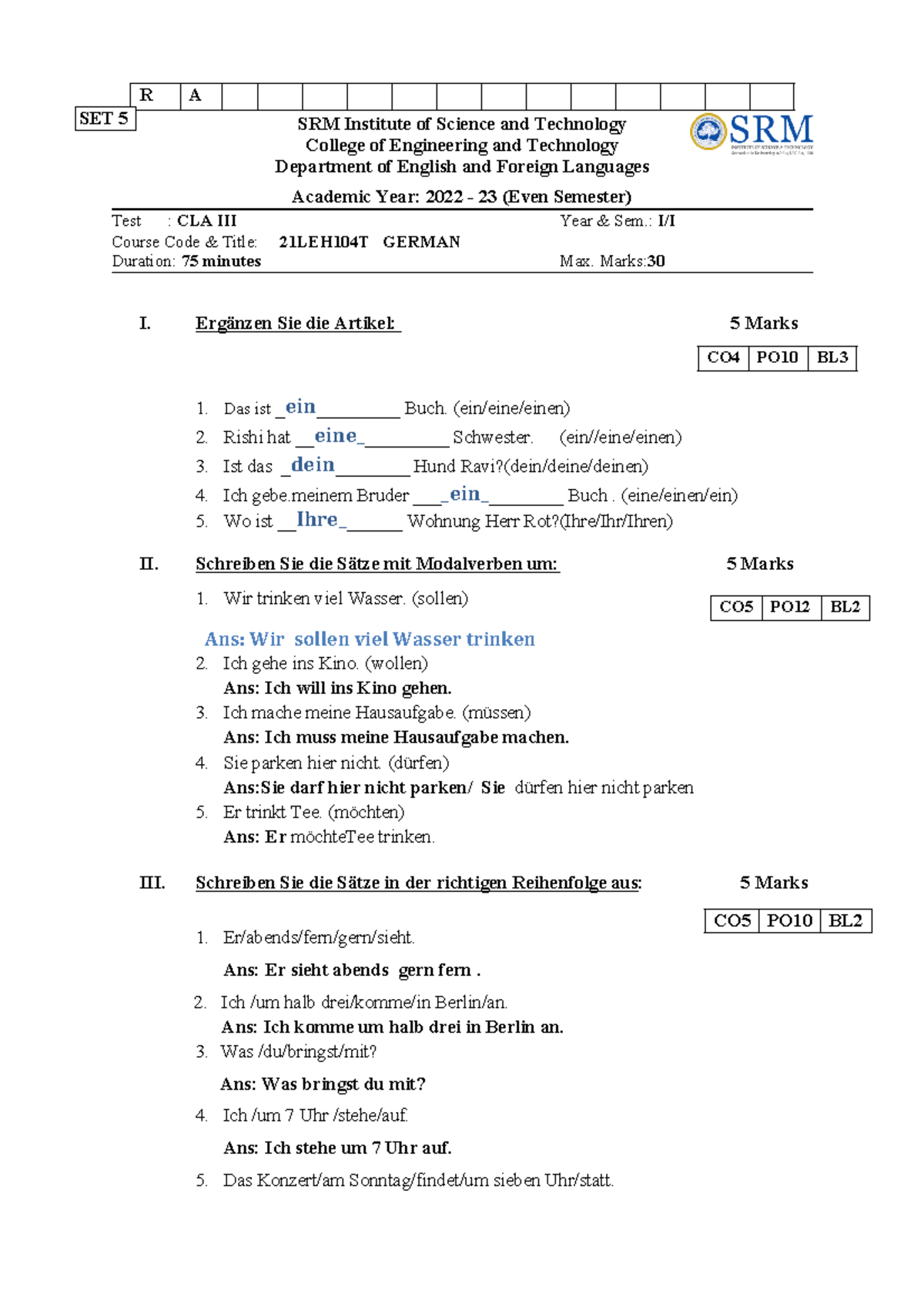 German practice paper - R A SRM Institute of Science and Technology ...