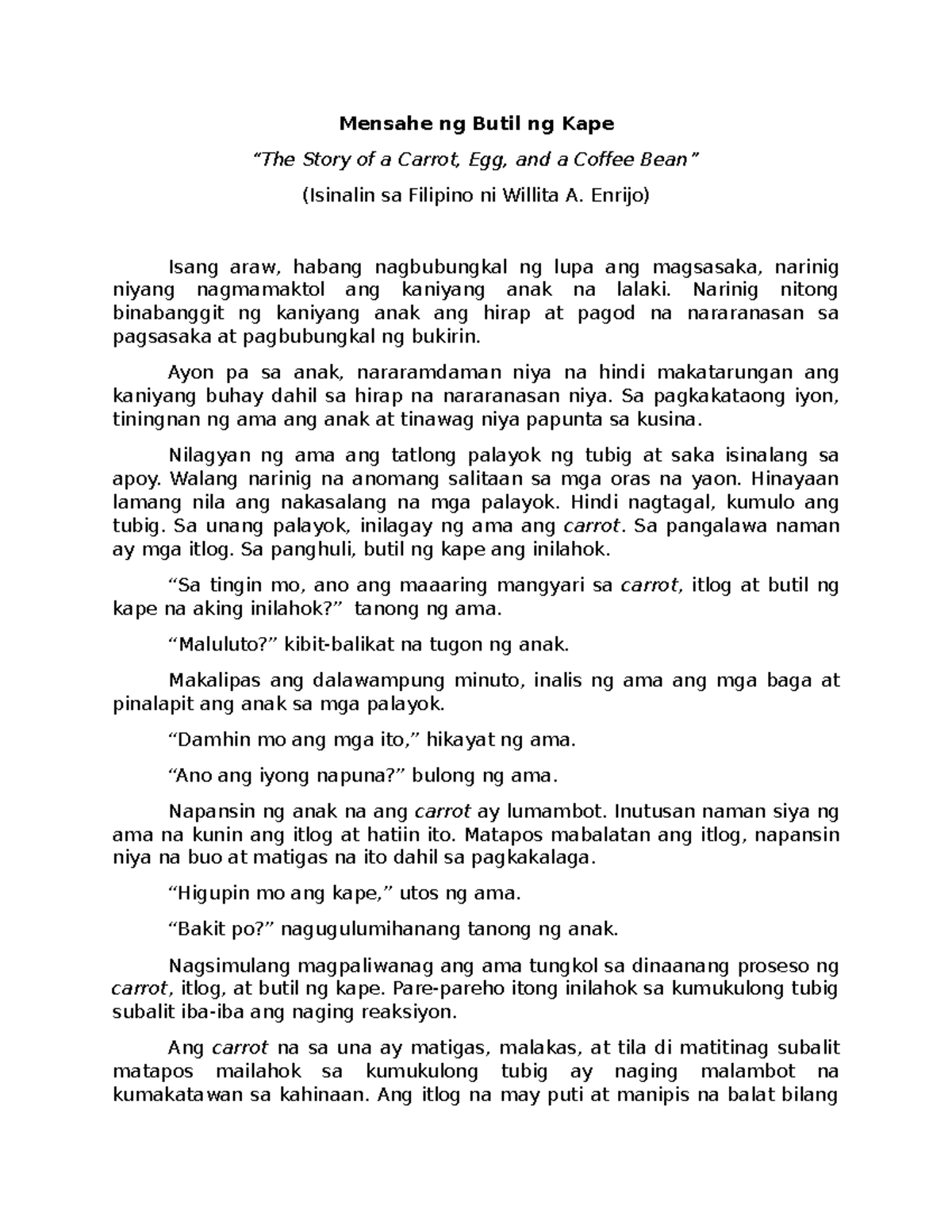 Mensahe ng Butil ng Kape - Mensahe ng Butil ng Kape “The Story of a ...