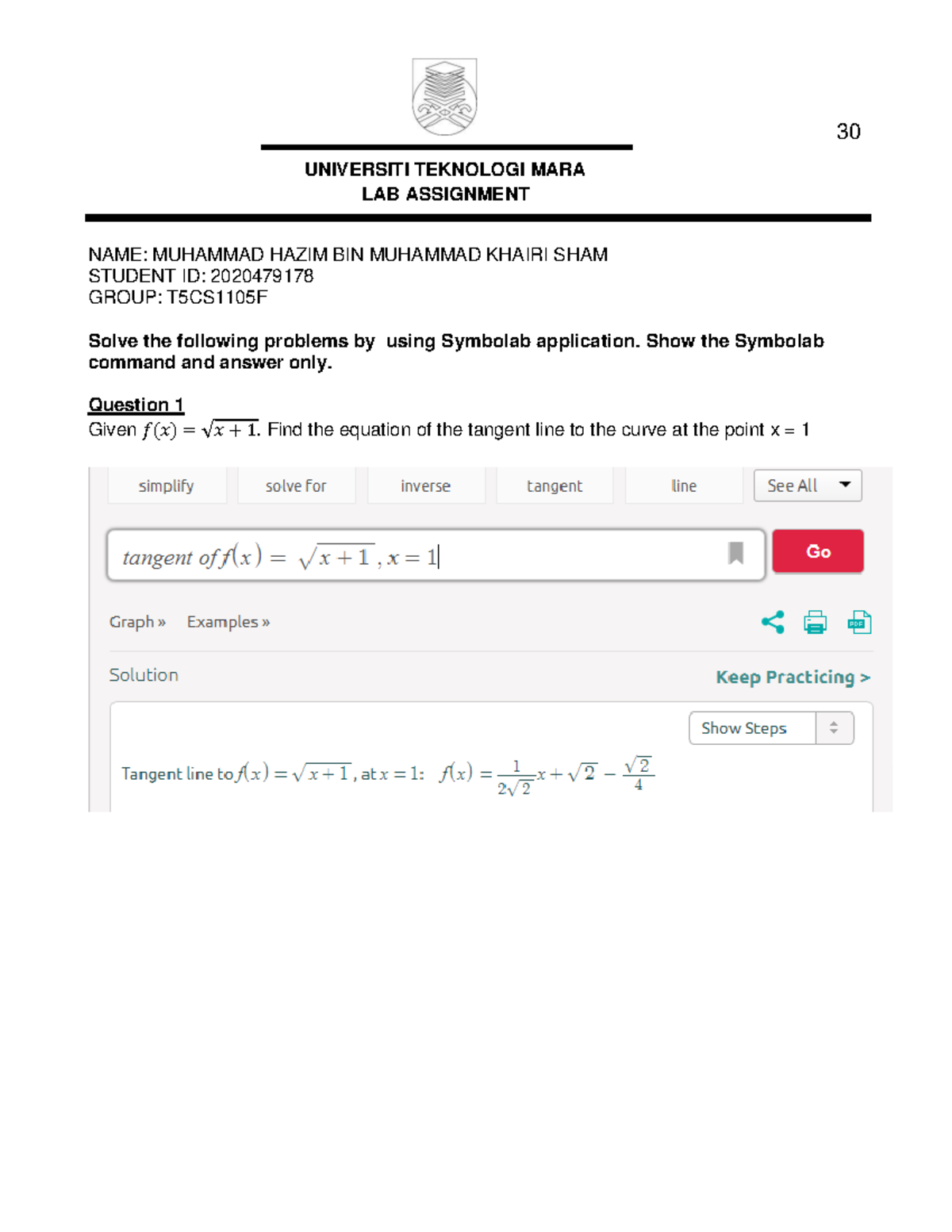 Lab assignment For MAT183 In Last Sem - 30 UNIVERSITI TEKNOLOGI MARA ...