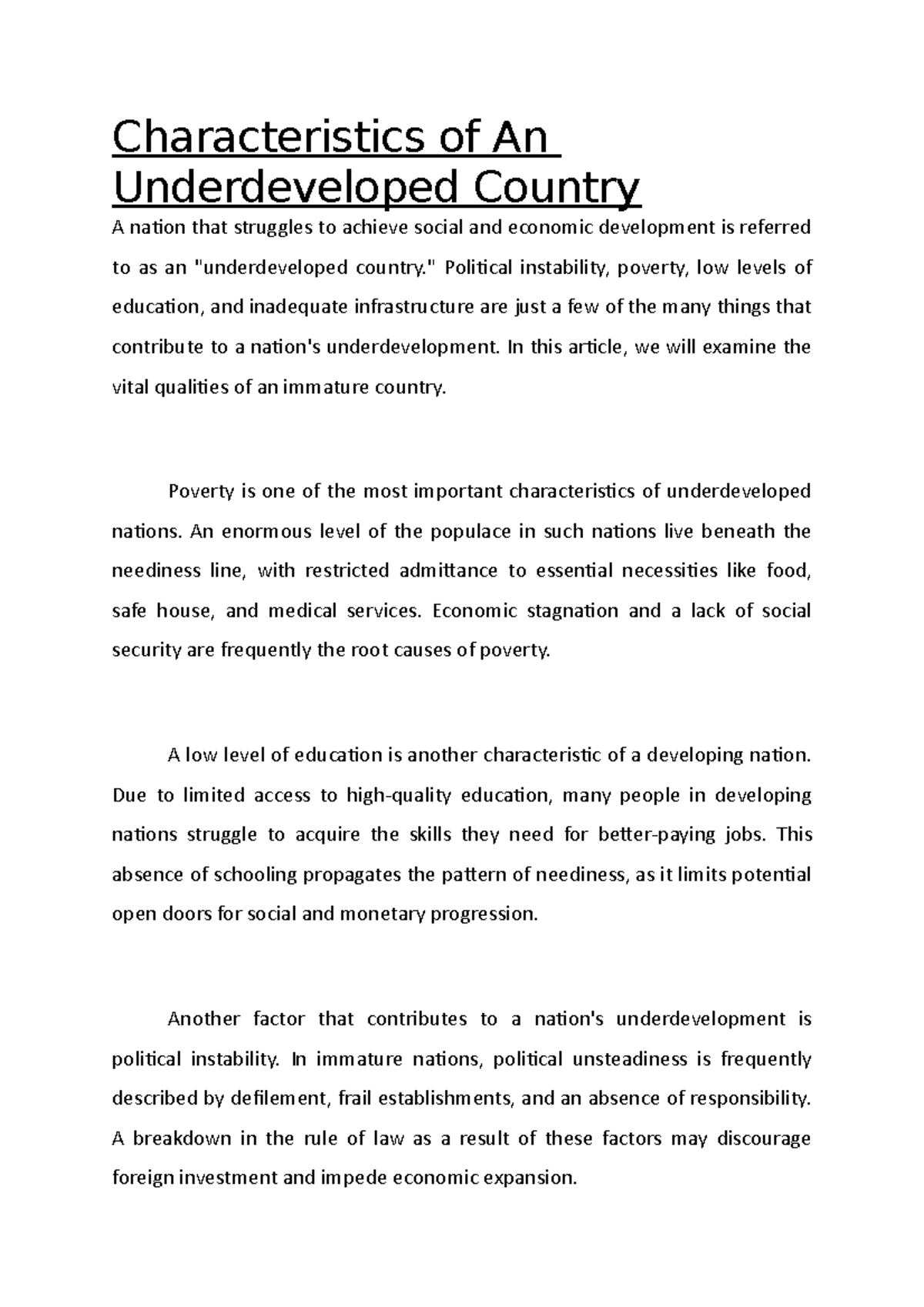 Characteristics of An Underdeveloped Country - Characteristics of An ...