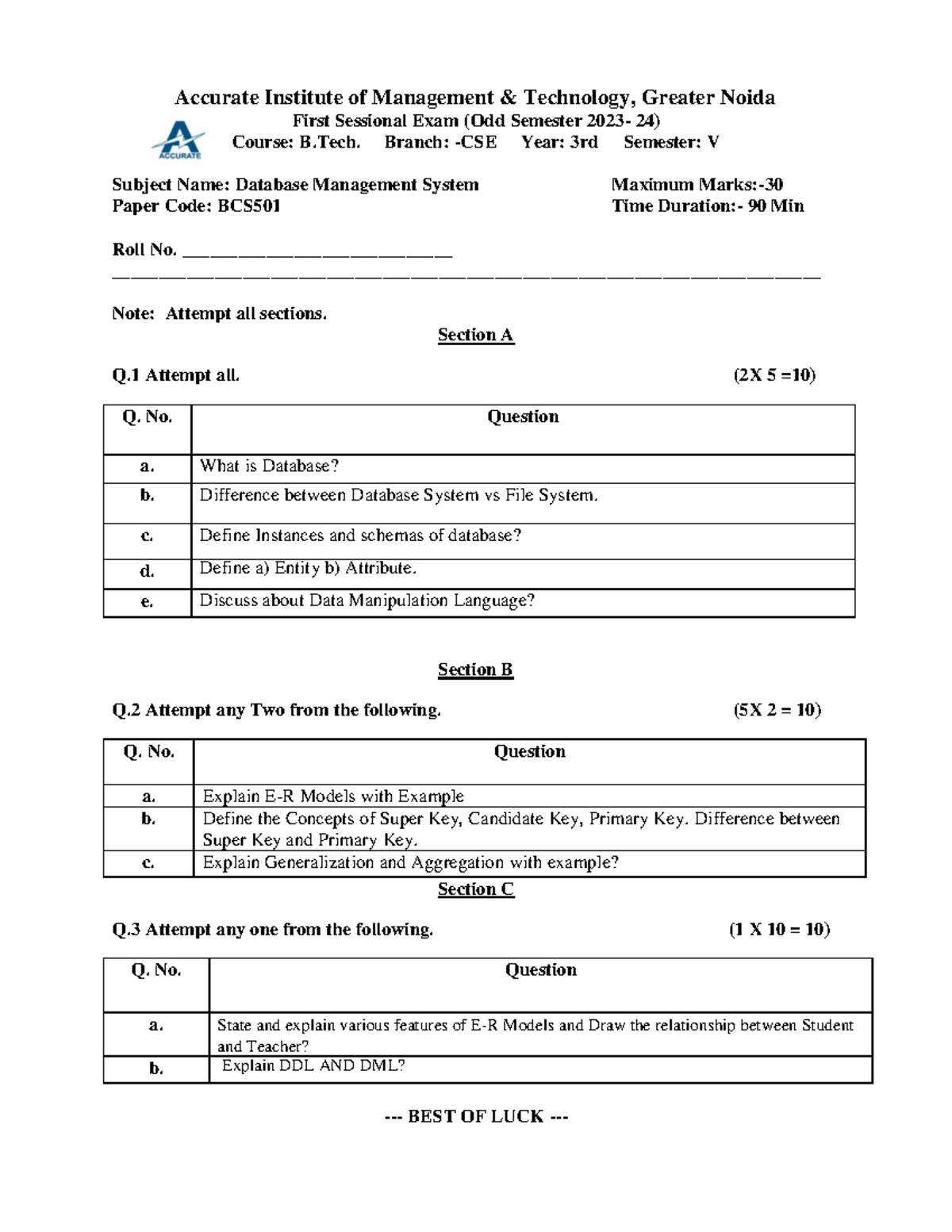 Dbms qp - question paper - Accurate Institute of Management ...