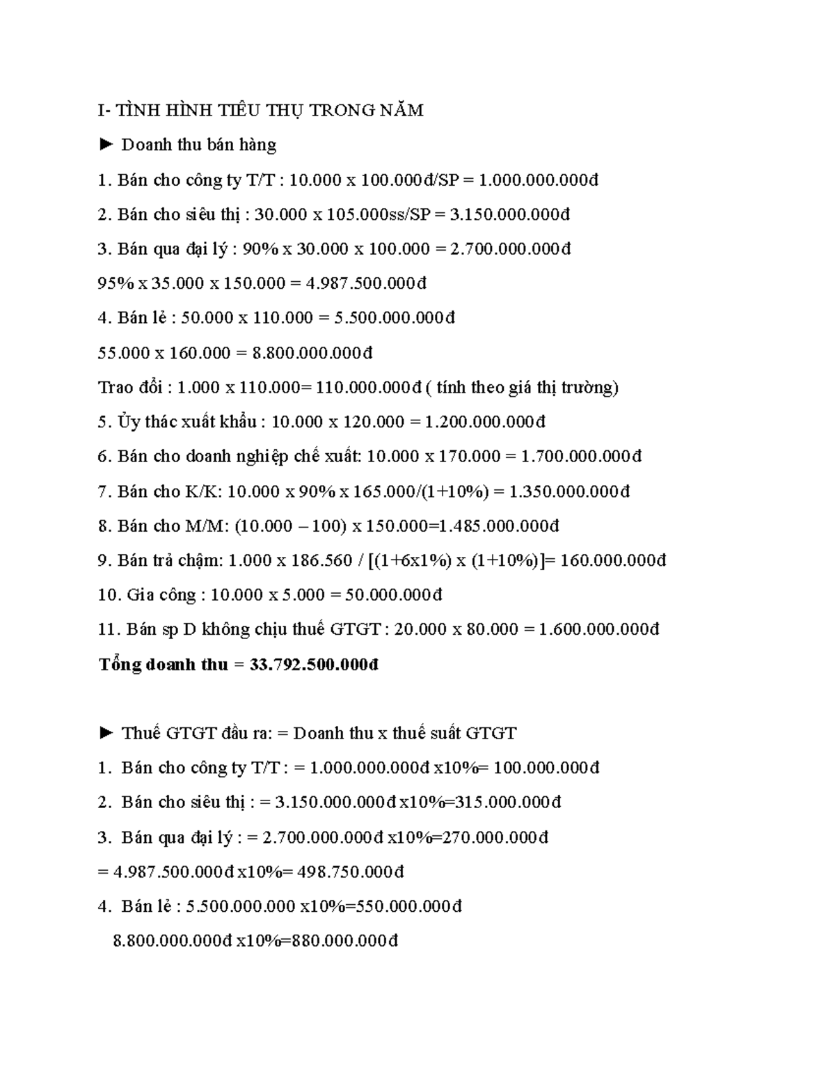 Thuế GTGT - BT thuế - I- TÌNH HÌNH TIÊU THỤ TRONG NĂM Doanh thu bán hàng Bán cho công ty T/T ...