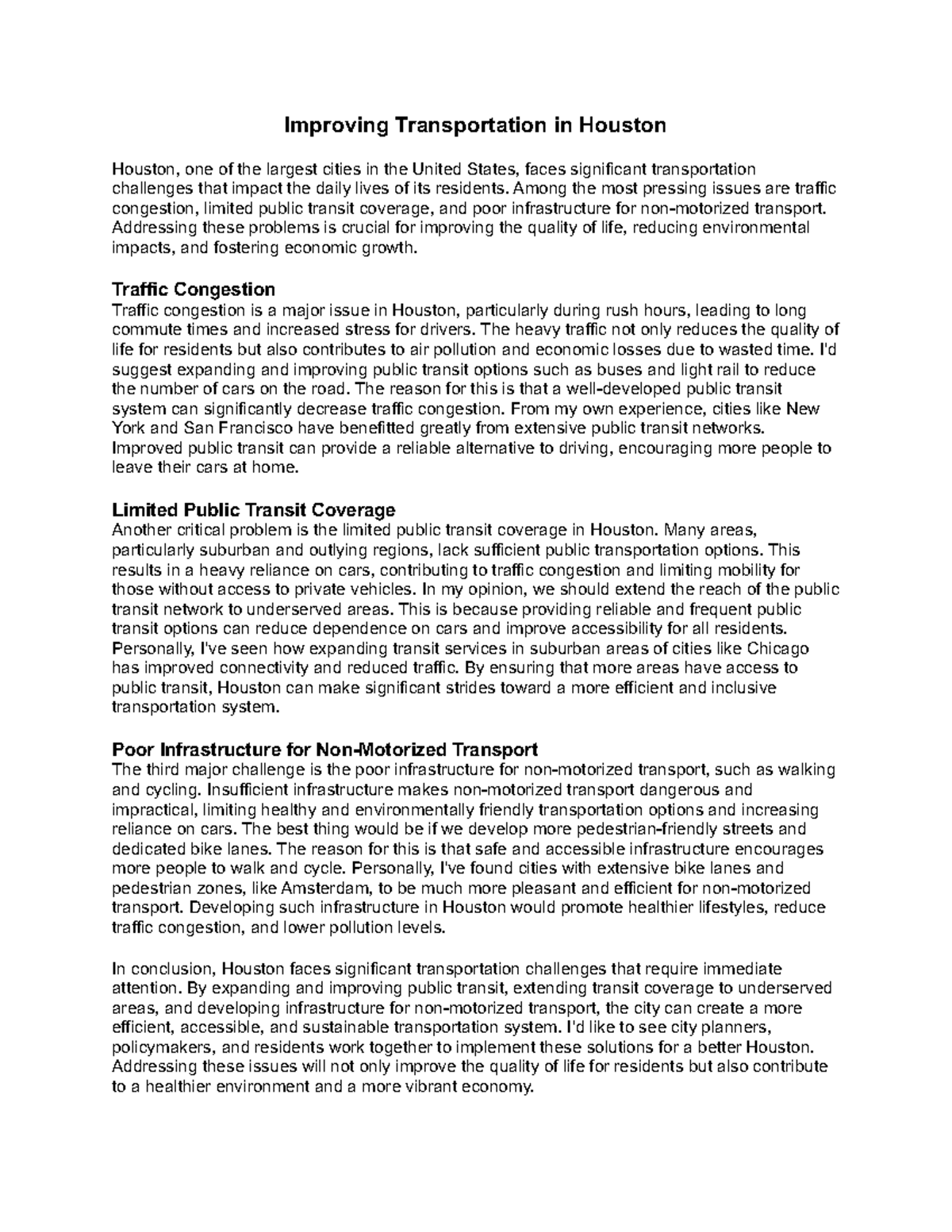 SPL203 essay unit 3 - Improving Transportation in Houston Houston, one ...
