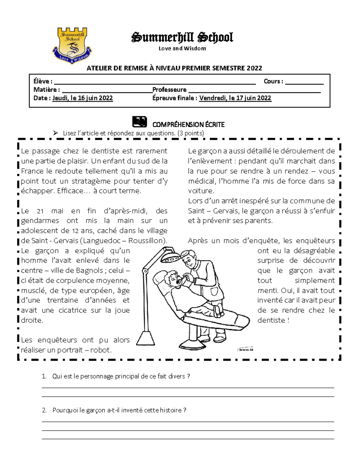 TN Semestral Francés 9° Final - COMPRÉHENSION ÉCRITE Lisez l’article et ...