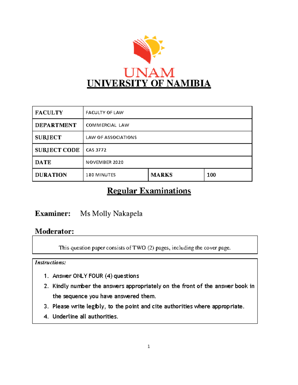 Regular Exam 2020 - 1 UNIVERSITY OF NAMIBIA Regular Examinations ...