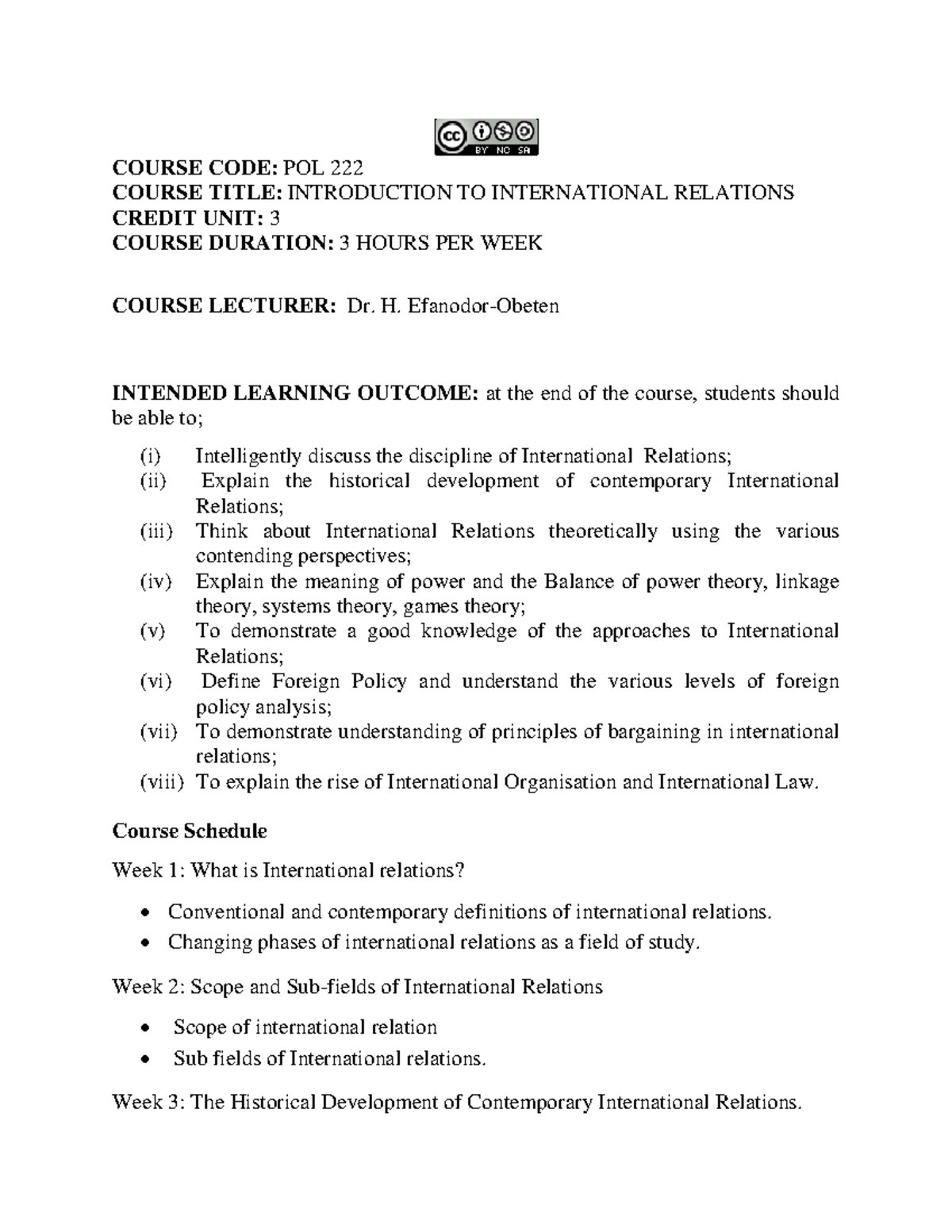 Introduction to international relations LECT Notes - COURSE CODE: POL ...