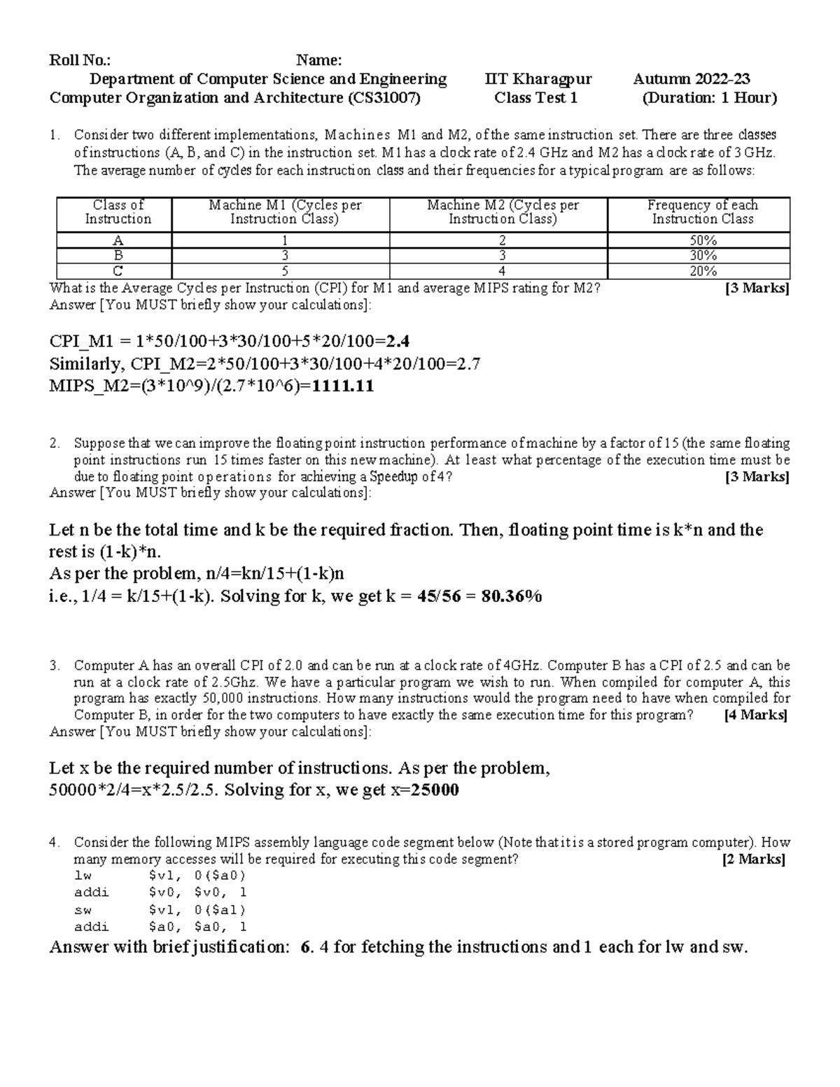 CT1 with solution - ... - Roll No.: Name: Department of Computer Science and Engineering IIT ...