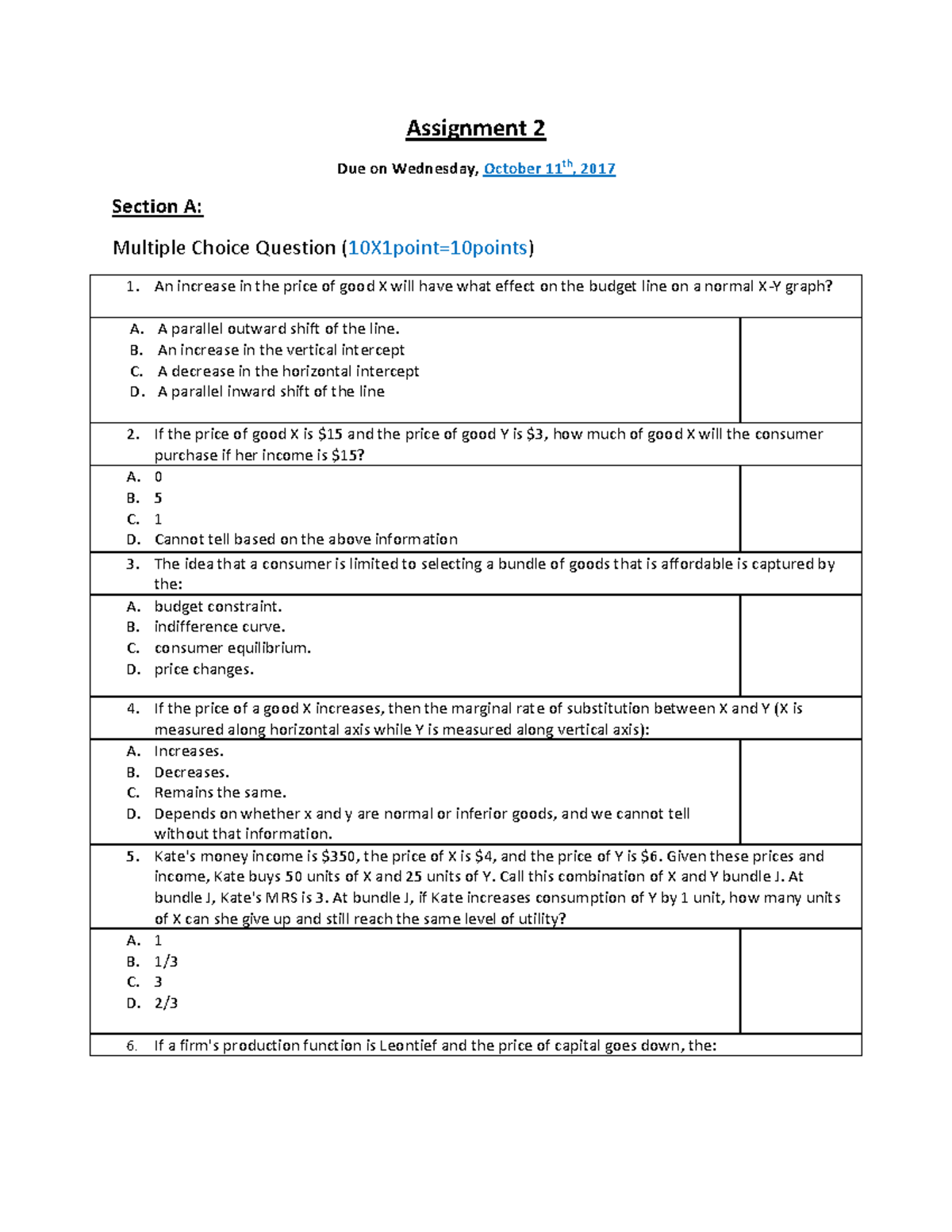 Assignment 2 - extra - Assignment 2 Due on Wednesday, October 11 th ...