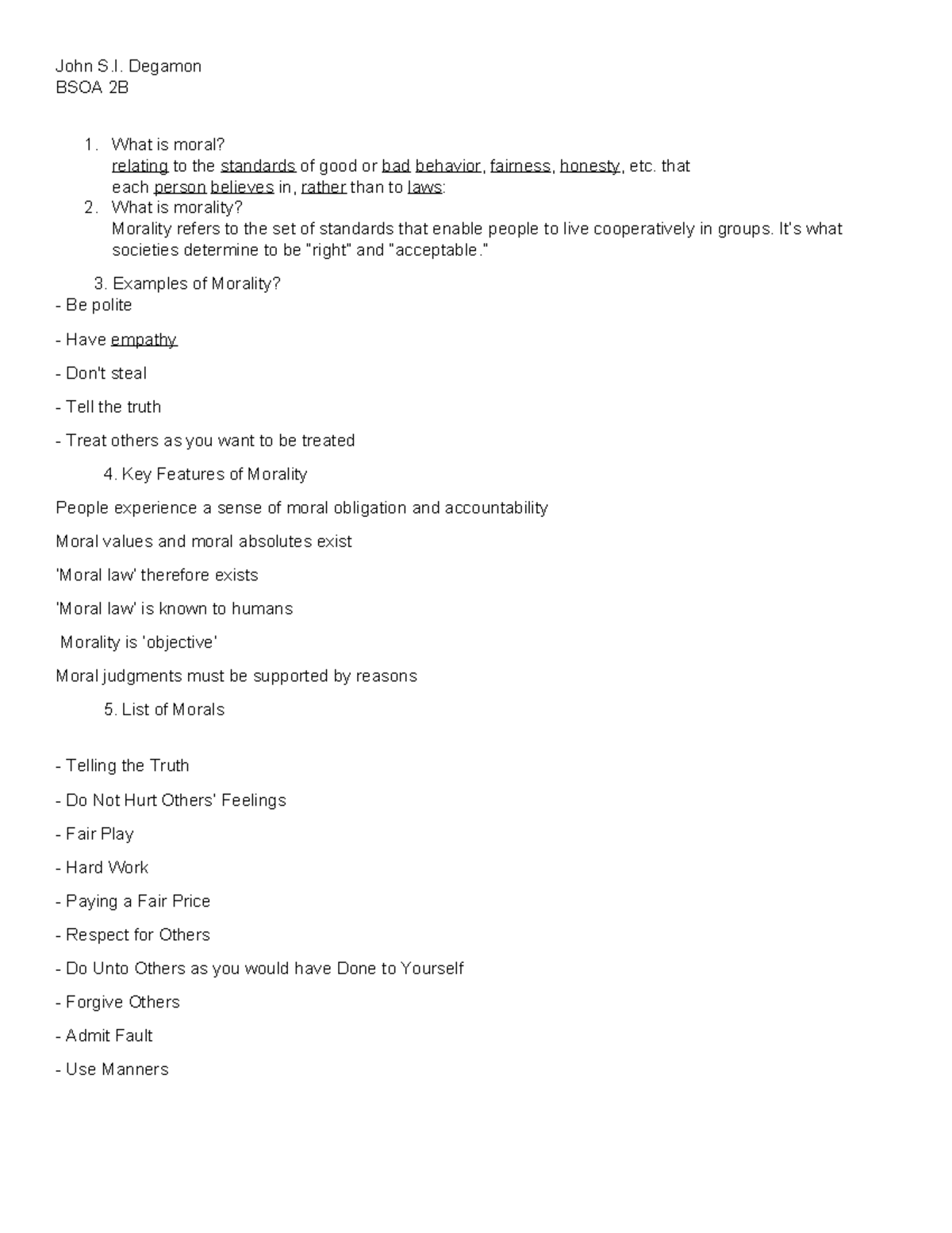 Moral - Moral Definition of Terms - John S. Degamon BSOA 2B 1. What is ...