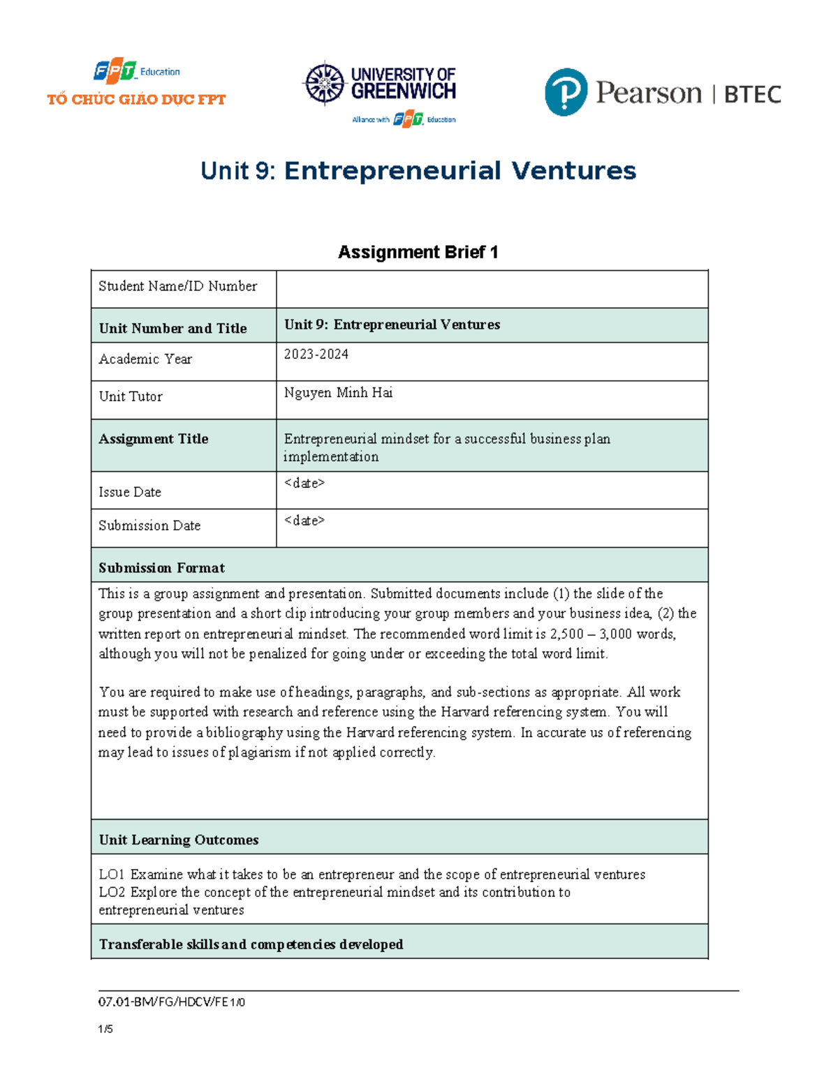 07.01- Bmfghdcvfe-5047-ASM1 Brief - Unit 9: Entrepreneurial Ventures ...