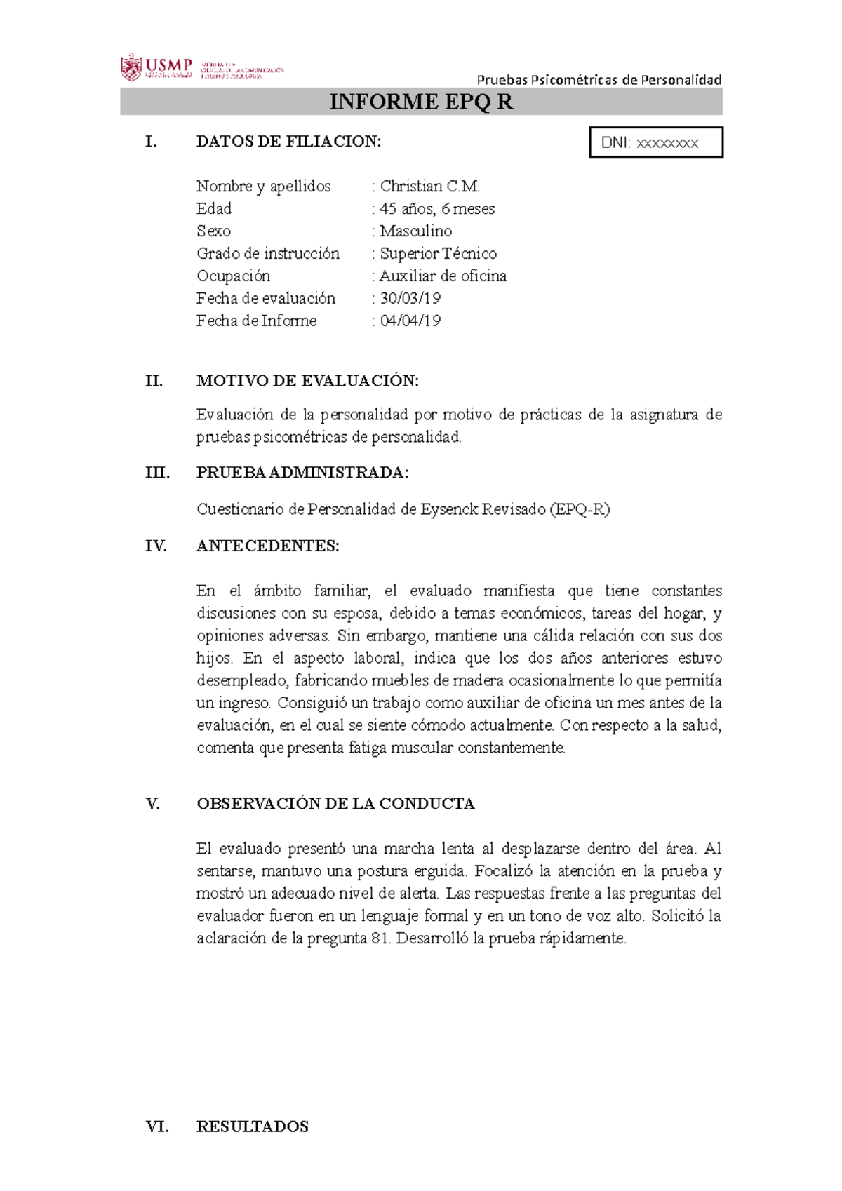 Informe EPQ R 2019 - Nota: 17 - Pruebas de Personalidad INFORME EPQ R I ...