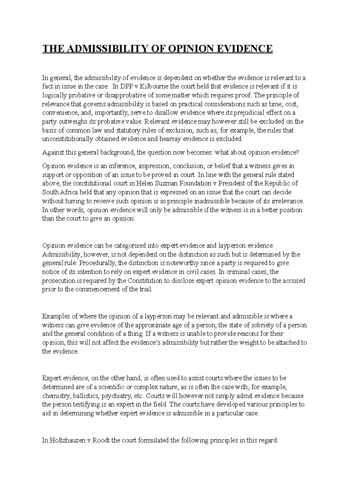 THE Admissibility OF Opinion Evidence ddp vs kilbourne - THE ...