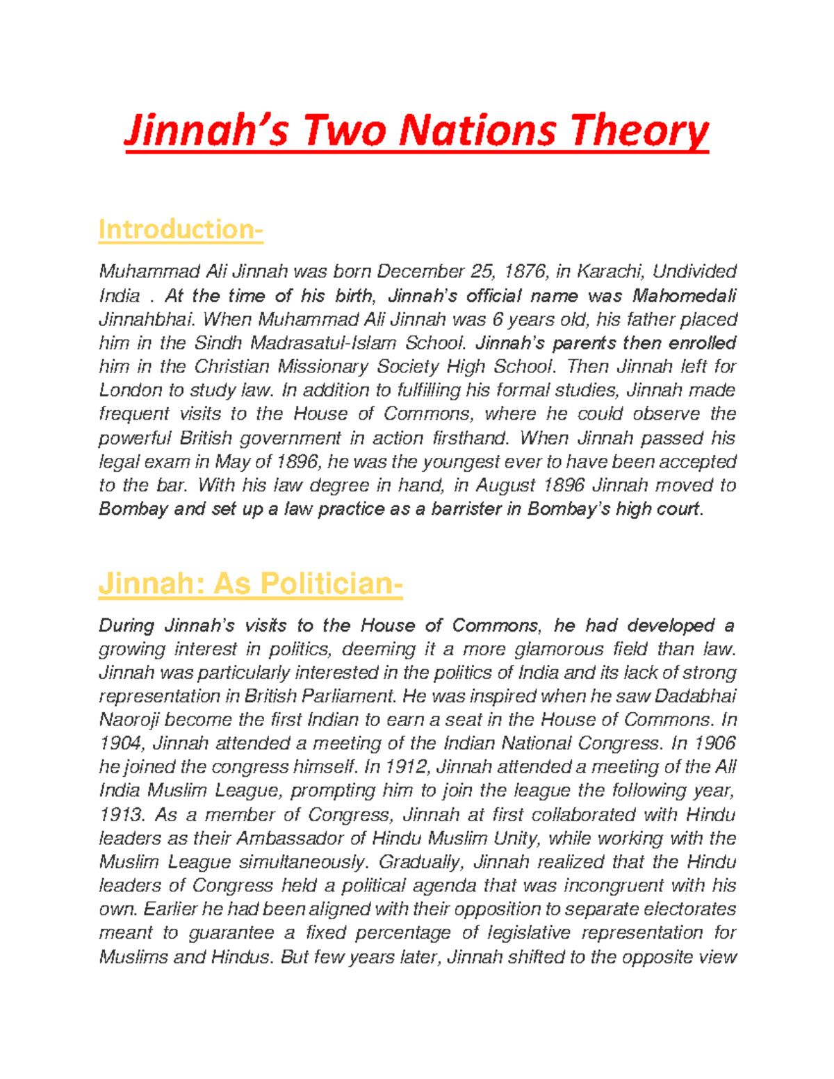Jinnah theory - Jinnah’s Two Nations Theory Introduction- Muhammad Ali ...