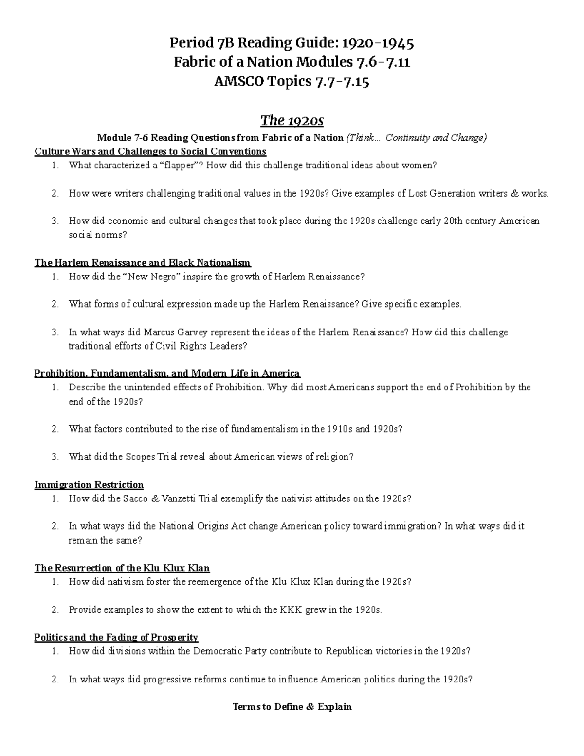 Period 7B Reading Guide 1920-1945 - Period 7B Reading Guide: 1920 ...