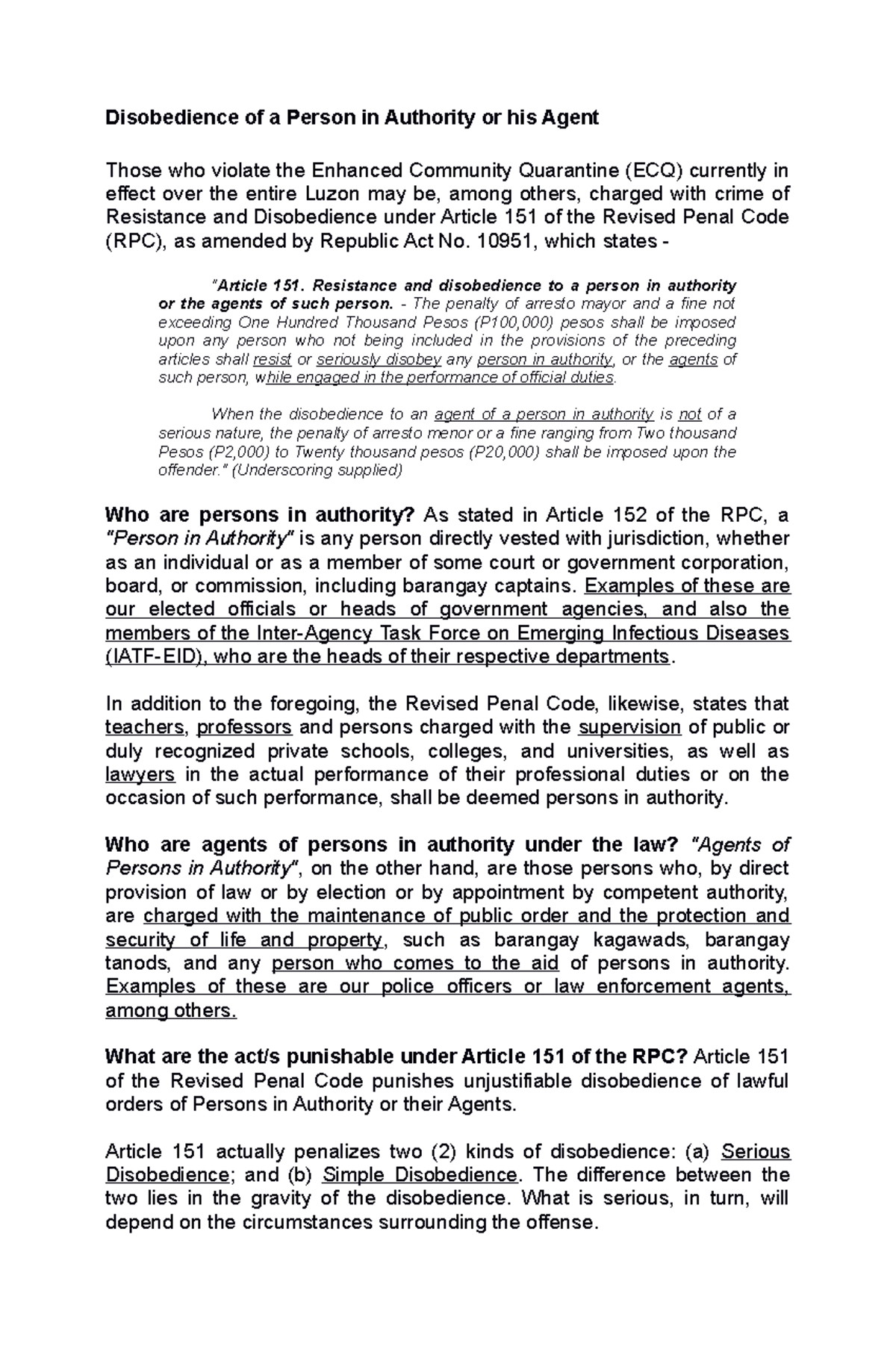 Simple Disobedience Art. 151 RPC - Disobedience of a Person in Authority or his Agent Those who ...