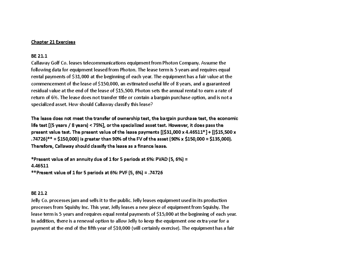AC204 Chapter 21 Exercises - Chapter 21 Exercises BE 21. Callaway Golf ...