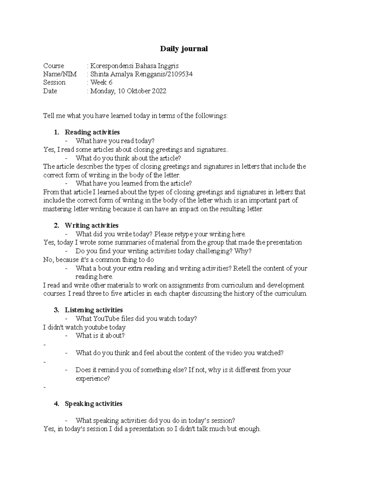 Daily journal at English Course to reflect student's understanding ...