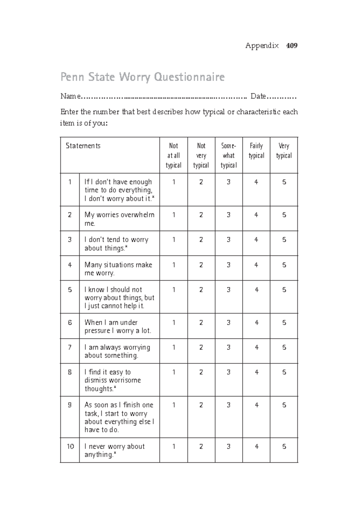 Pp - questionnaire - Appendix 409 Penn State Worry Questionnaire - Studocu