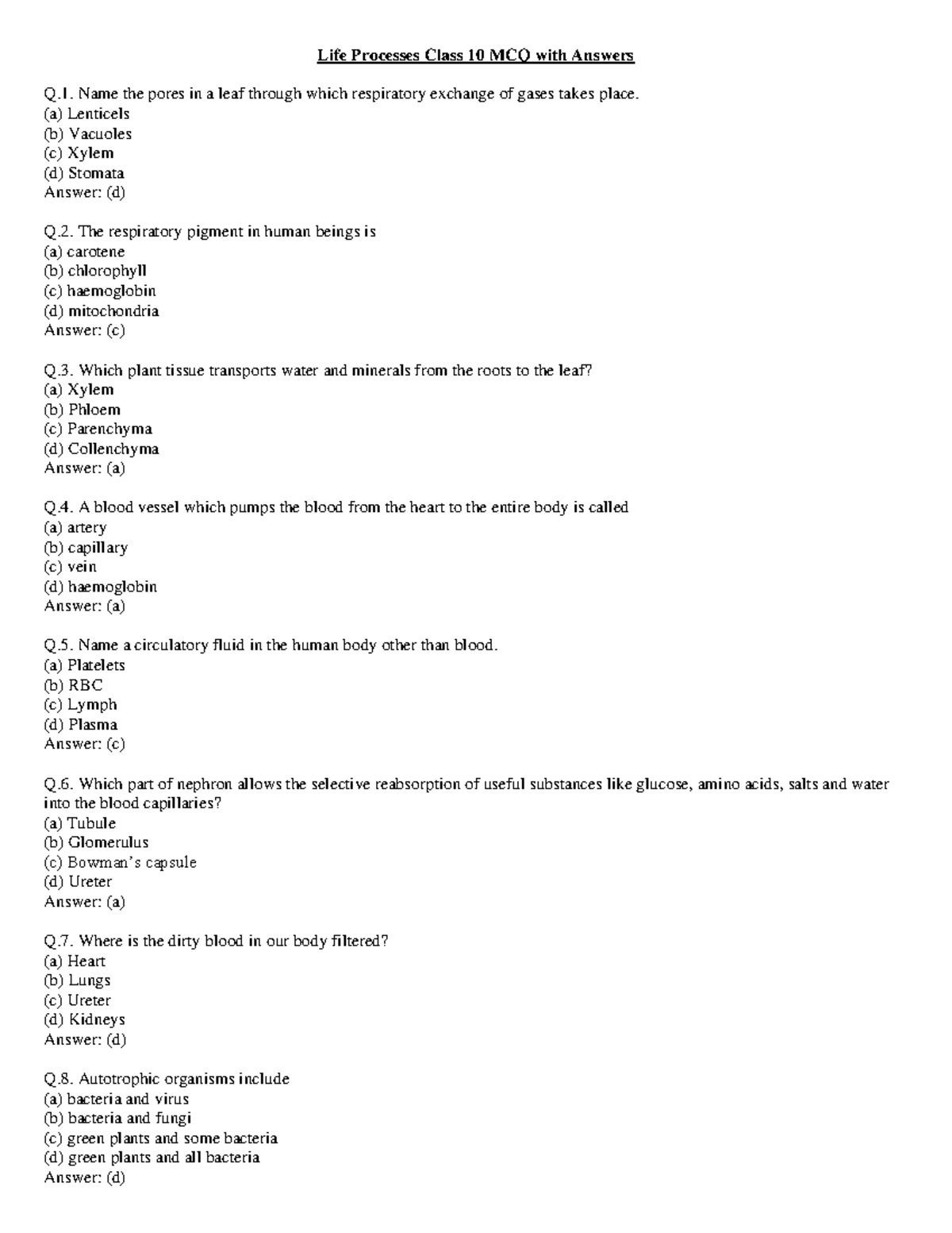 Life Processes Class 10 MCQ With Answers For Students Discrete