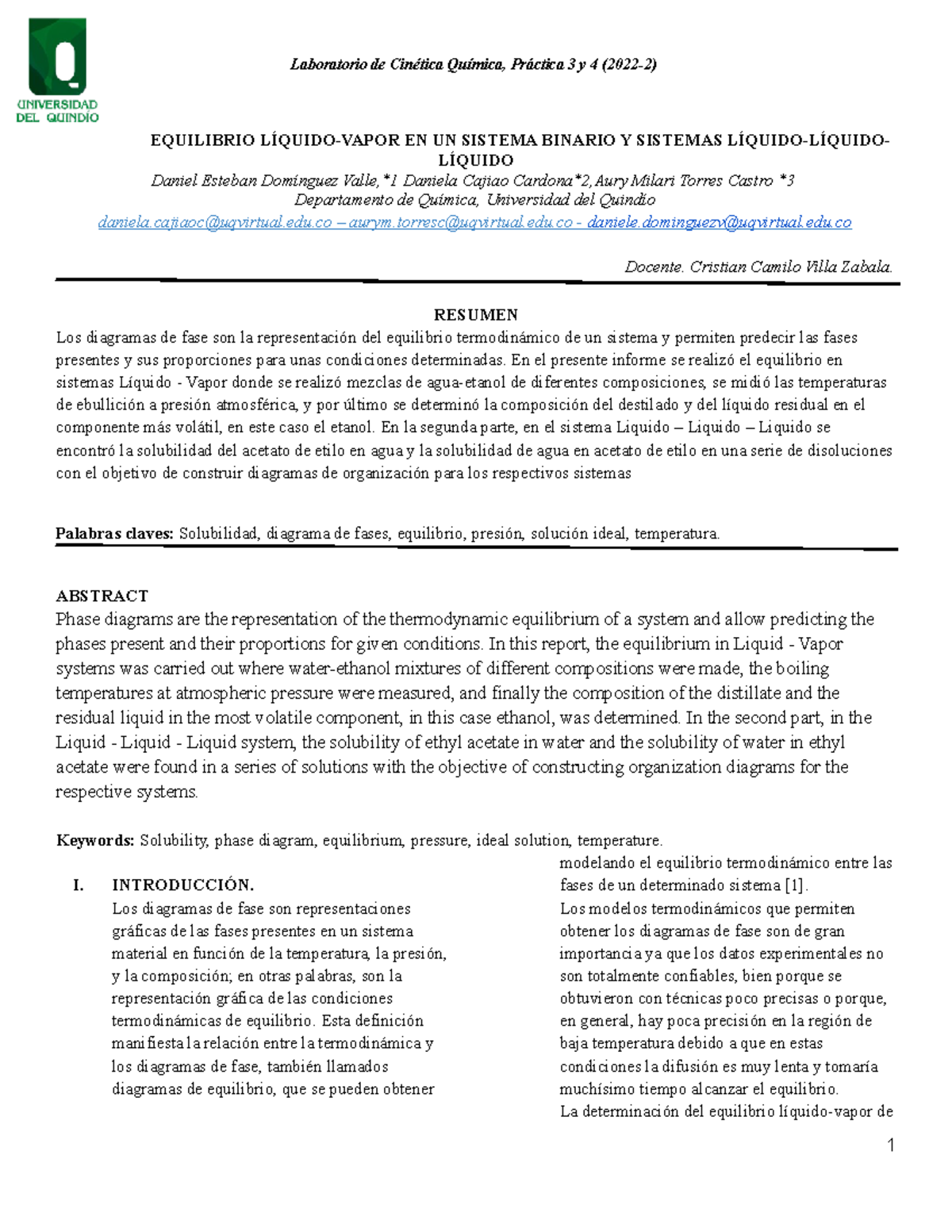 Equilibrio en Sistemas (Liquido – Liquido) – (Liquido - Vapor ...