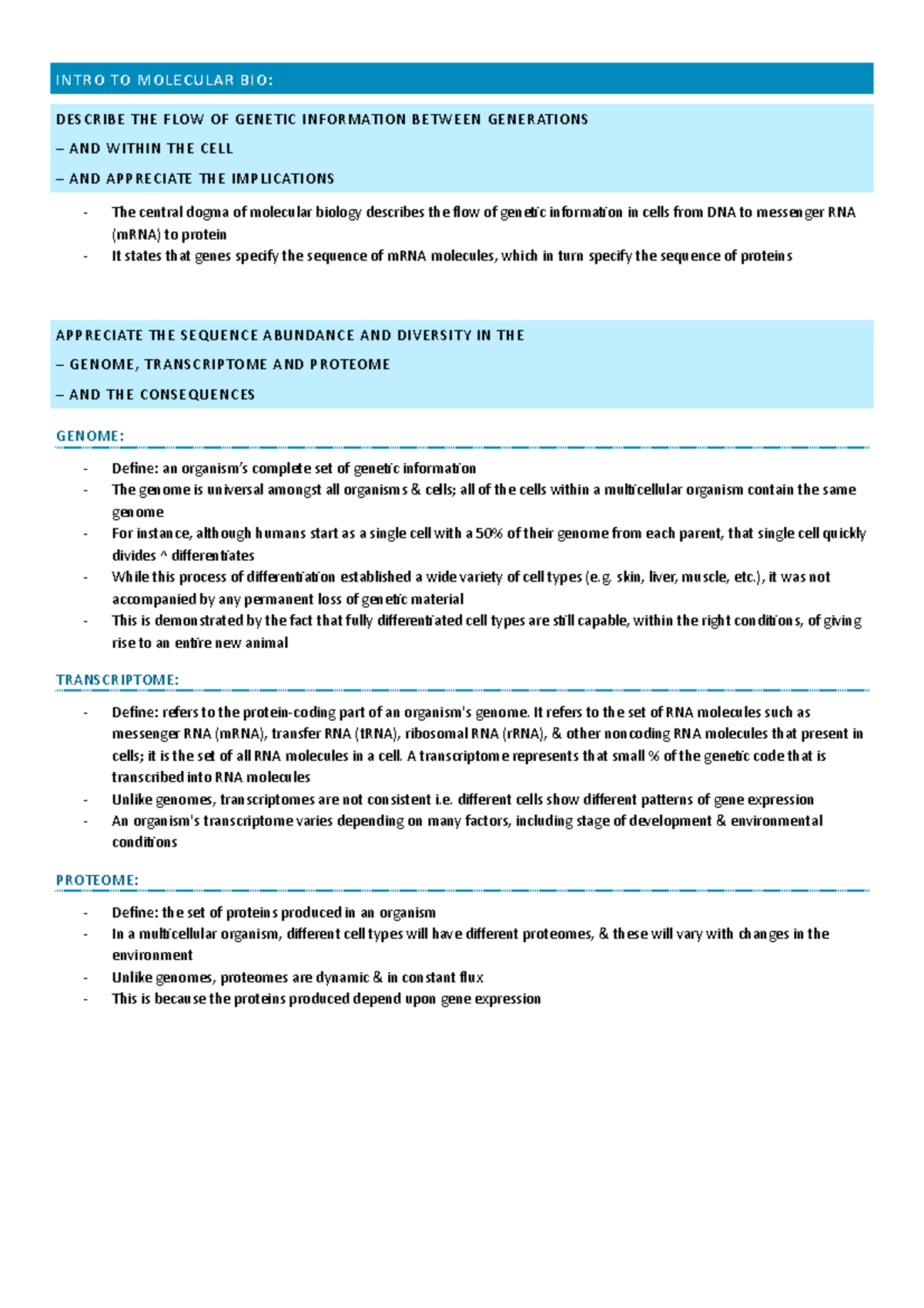 BCMB notes - INTRO TO MOLECULAR BIO: DESCRIBE THE FLOW OF GENETIC ...